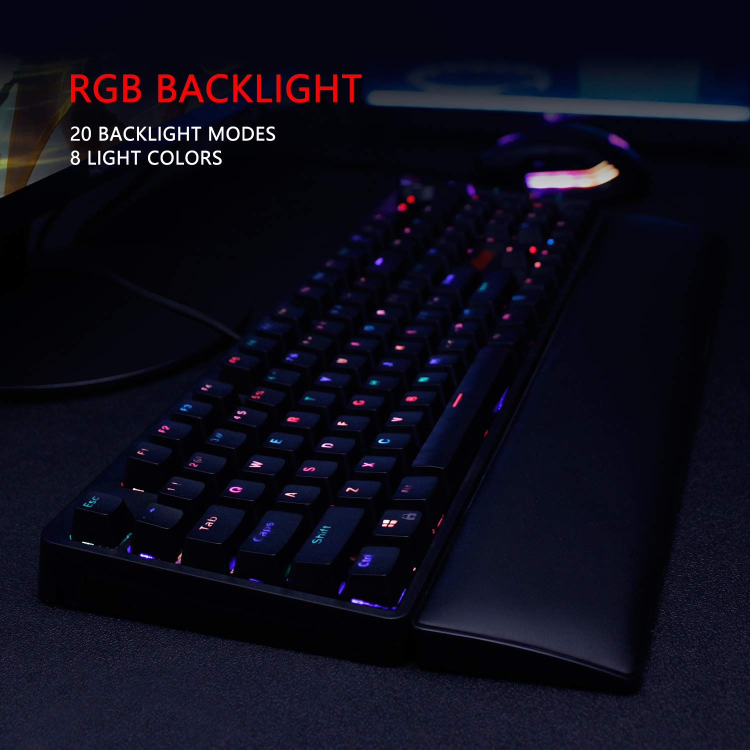 RedThunder K55 Mechanical Gaming Keyboard, Quiet Red Switch, Chroma RGB Lighting, Soft Leather Wrist-Rest, Standard Full Size Wired Keyboard with Dedicated Media Keys & Dial for PC