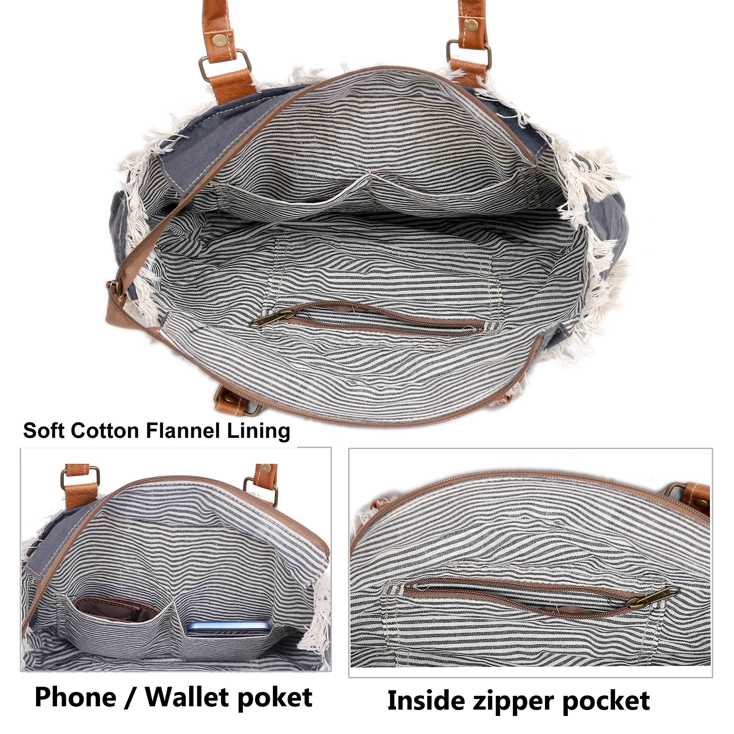 Upcycled Canvas & Leather Shoulder Bag Tote Crossbody Purse for Work Leather Tote Bag Classic Women Canvas Tote Bag (style 1)