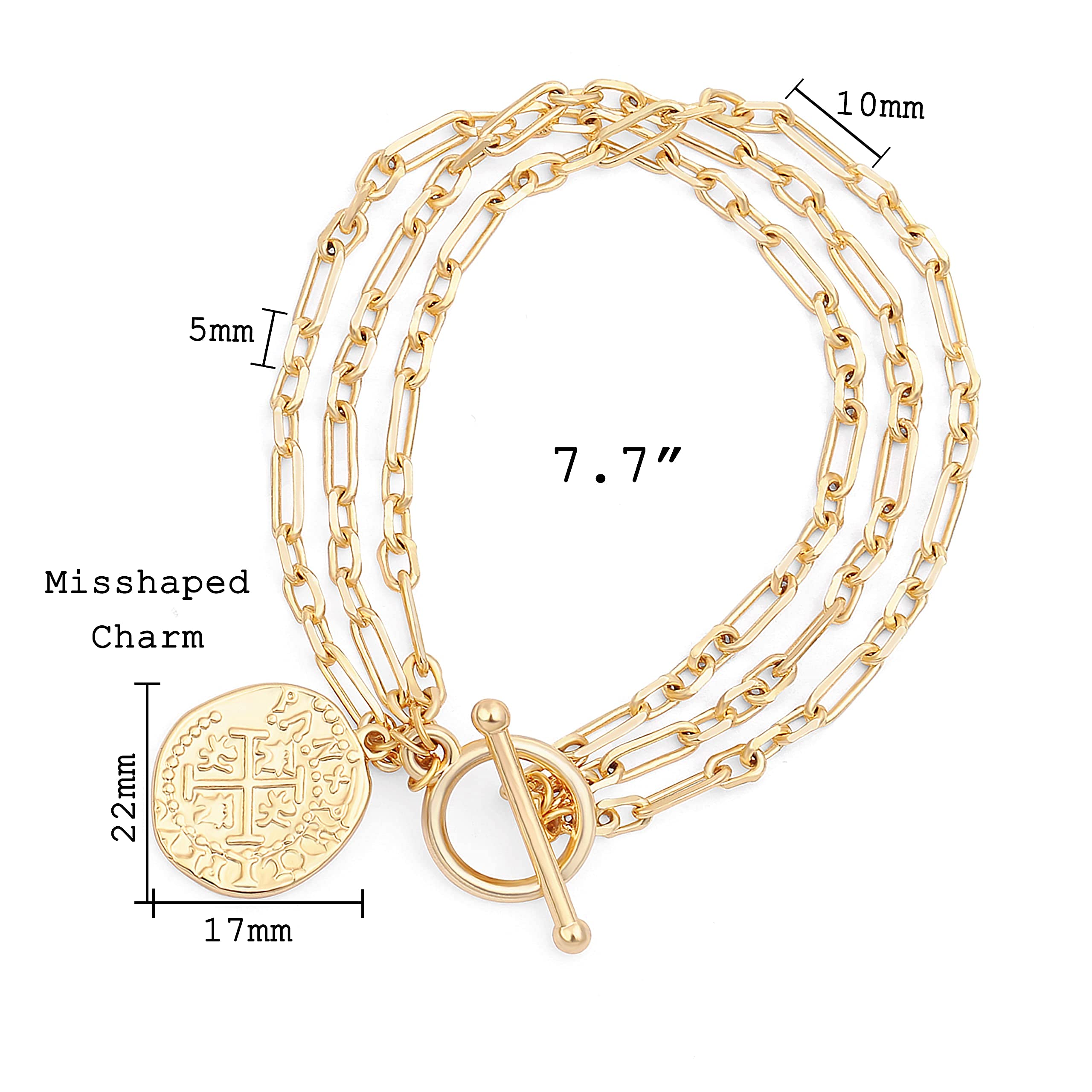 PEARLADA 3-Row 18K Gold Chain Bracelet Dainty Cross Medallion Charm Bracelet OT Toggle Bangle Handmade Stacking Layering Jewelry Fashion Long and Short Oval Link Bracelet for Her