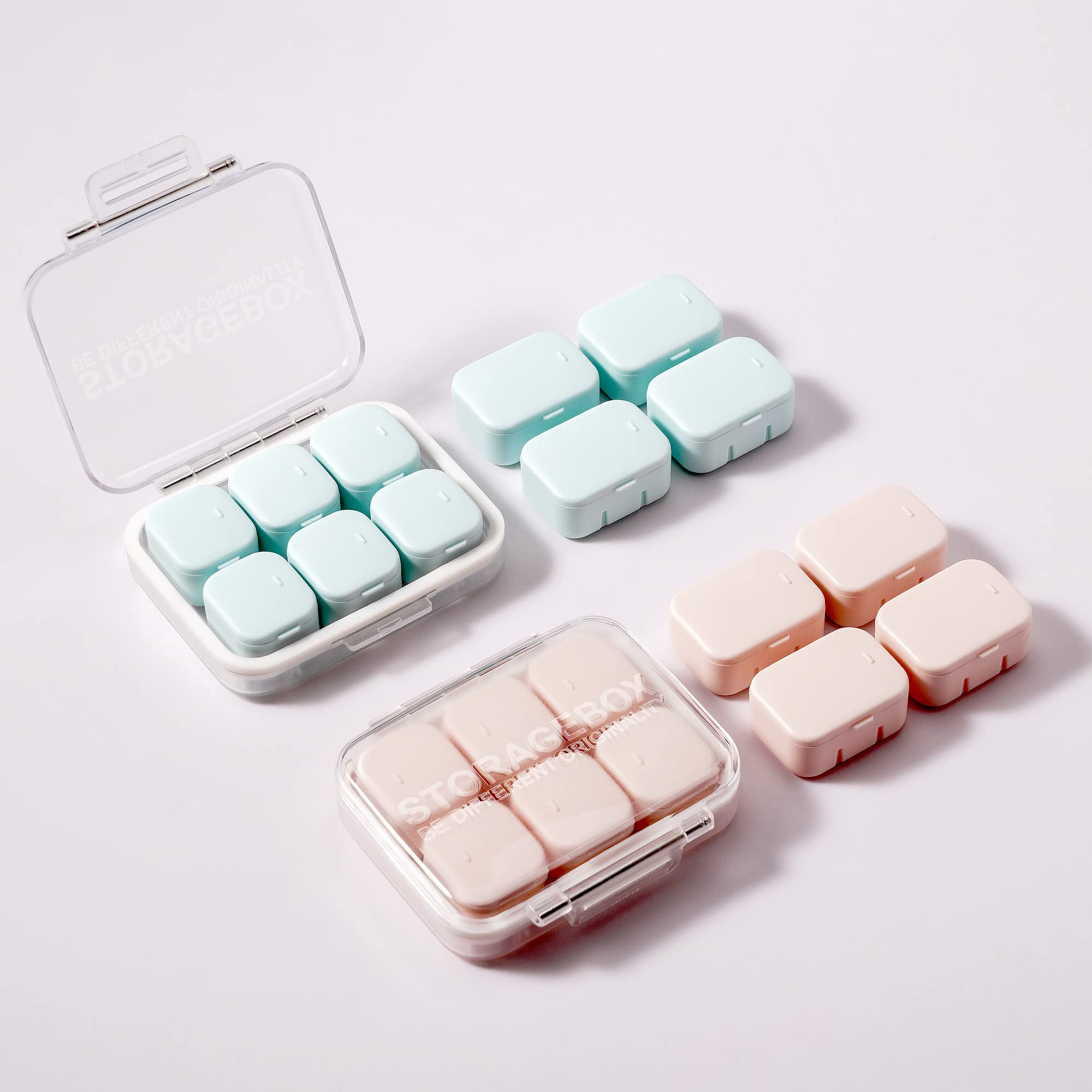 UNI-AOSA 2 Pack 4/5/6 Compartment Travel Pill Organizer,10 Inner Boxes Free Combination Pill Box,Moisture-Proof Pill Holder for Purse,BPA Free Pill Case for Medication,Vitamin -(Blue+Pink)