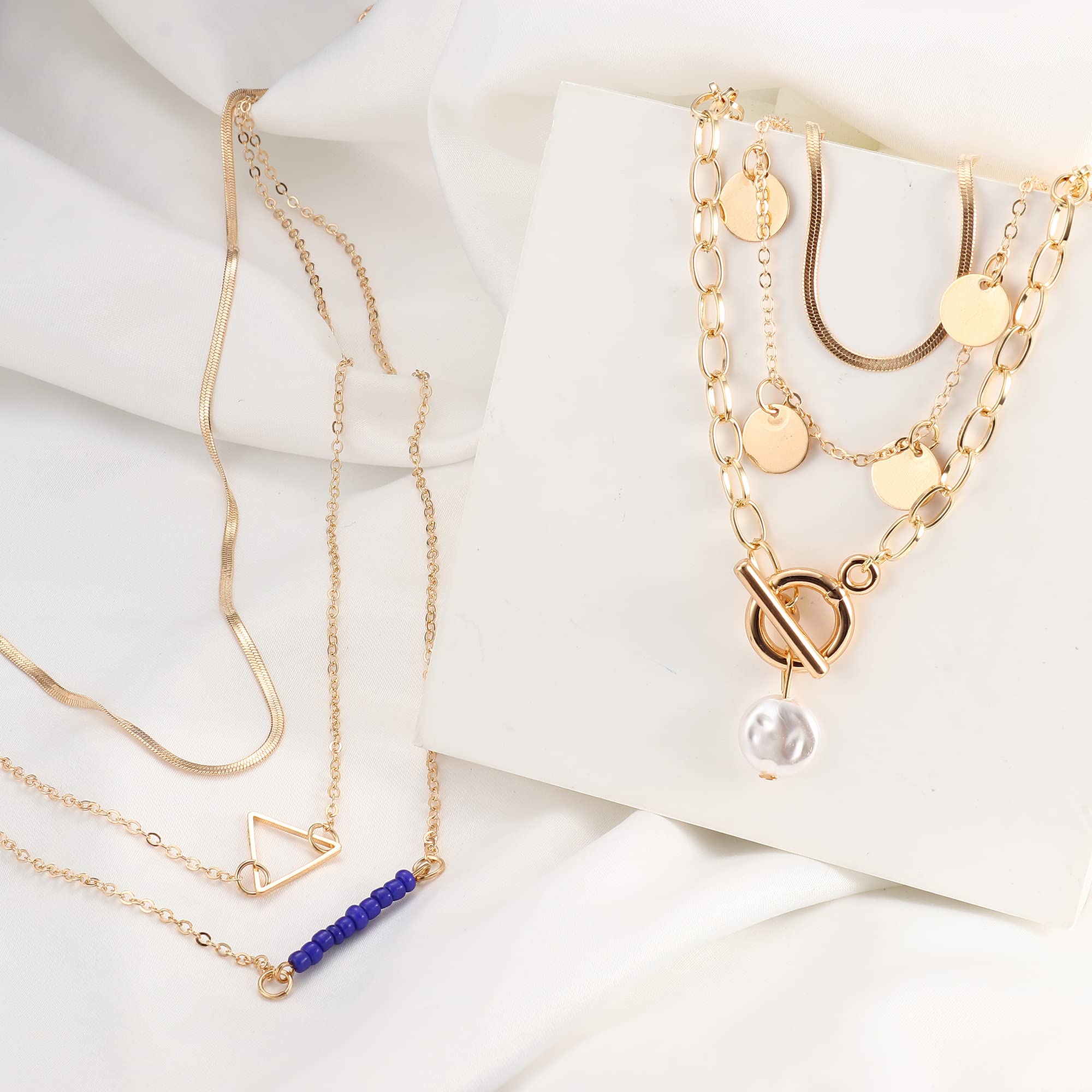 Subiceto 9pcs Layered Necklaces for Women Coin Bar Beads Circle Crescent Moon Star Pendant Necklace Multilayer Necklaces Set Gold