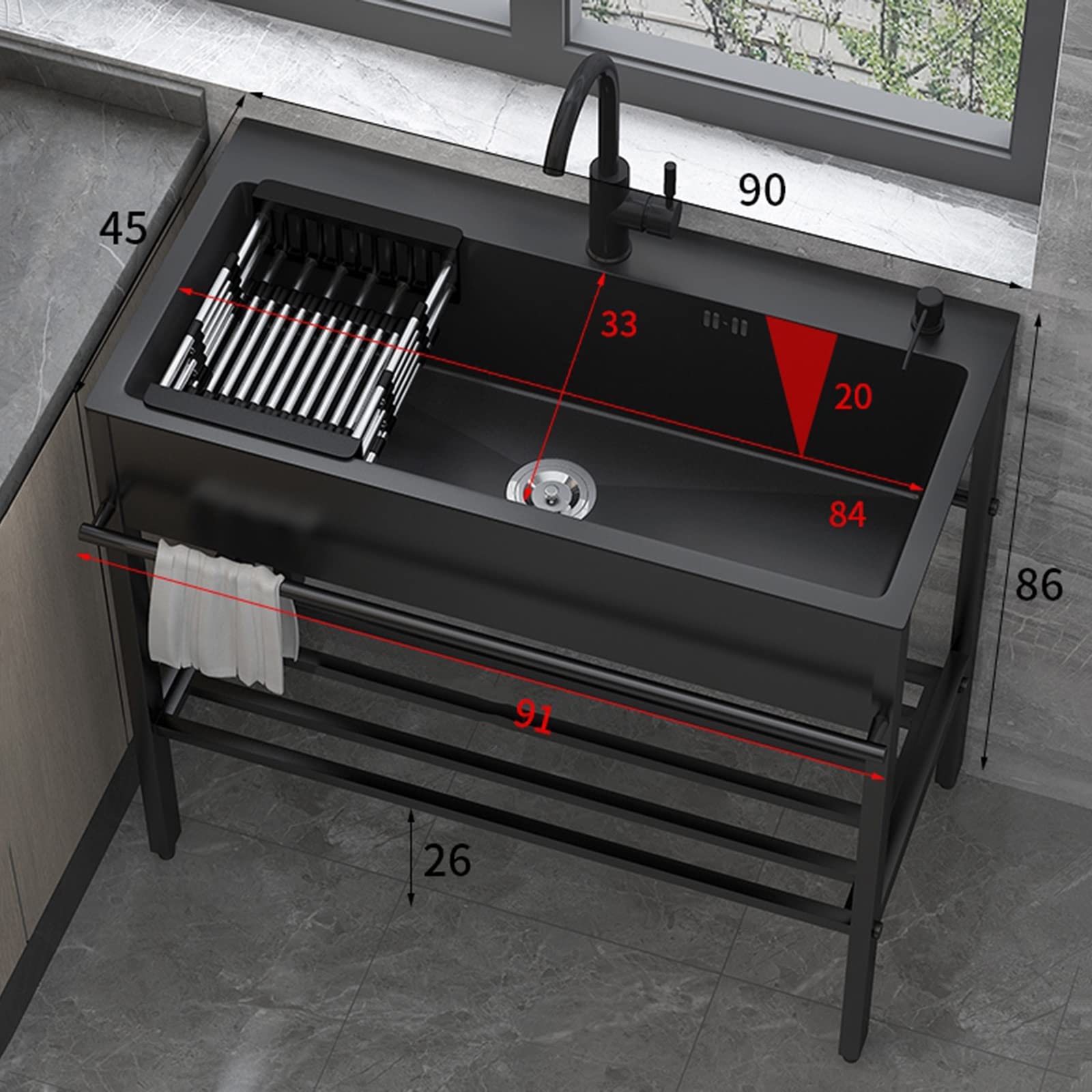 Vardeau Freestanding Stainless Steel Black Utility Sinks,Commercial Kitchen Washing Sink 1Compartment with Faucet,Heavy Duty Hand Washing Basin, 90x45x86cm