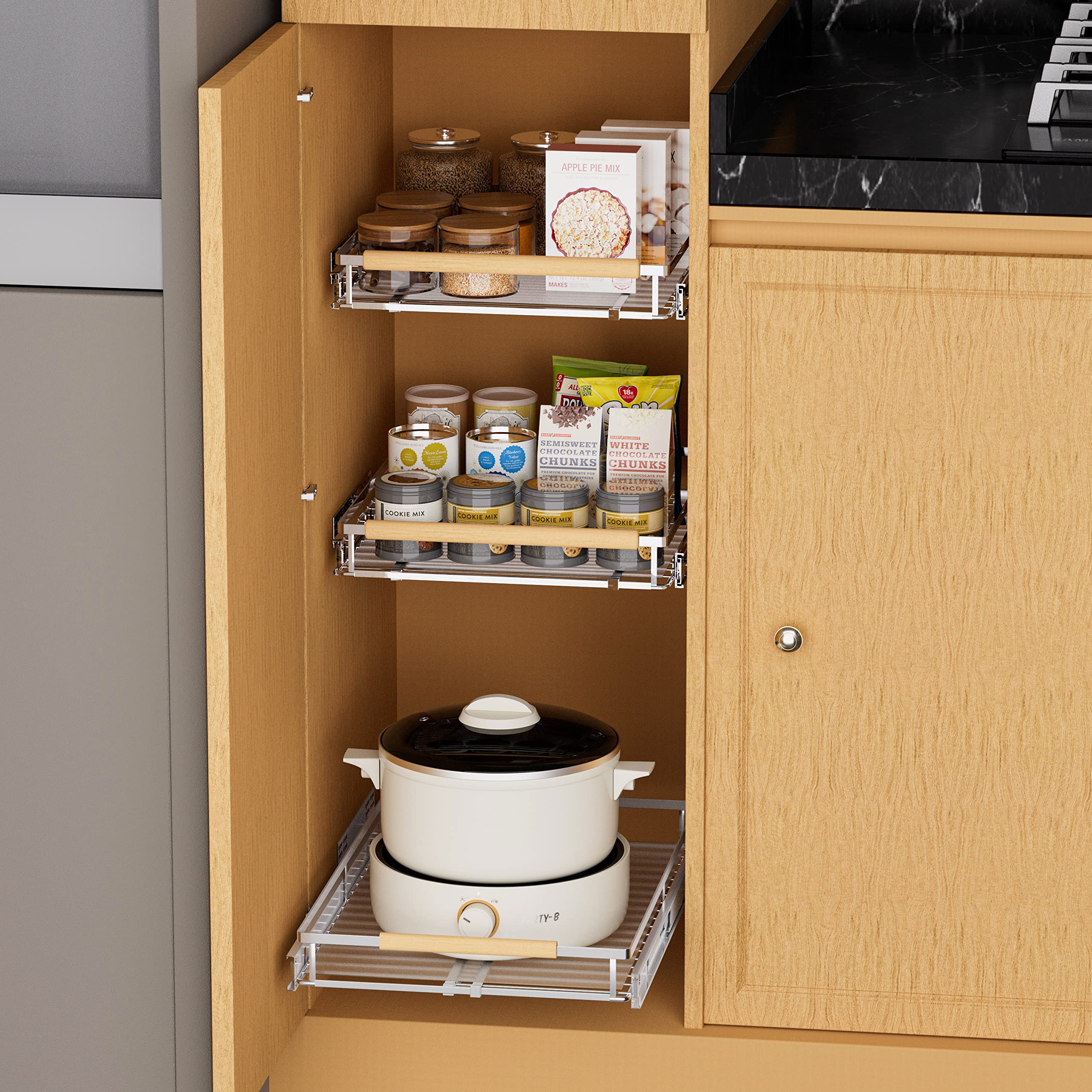 SANNO Expandable Pull Out Drawer Organizer and Storage, Cabinet Pots Pans Organizer Sliding Shelf Under Sink Shelf, Expandable Slide Out Shelves for Home, Kitchen, Bathroom, Pantry, Closet(2pack)