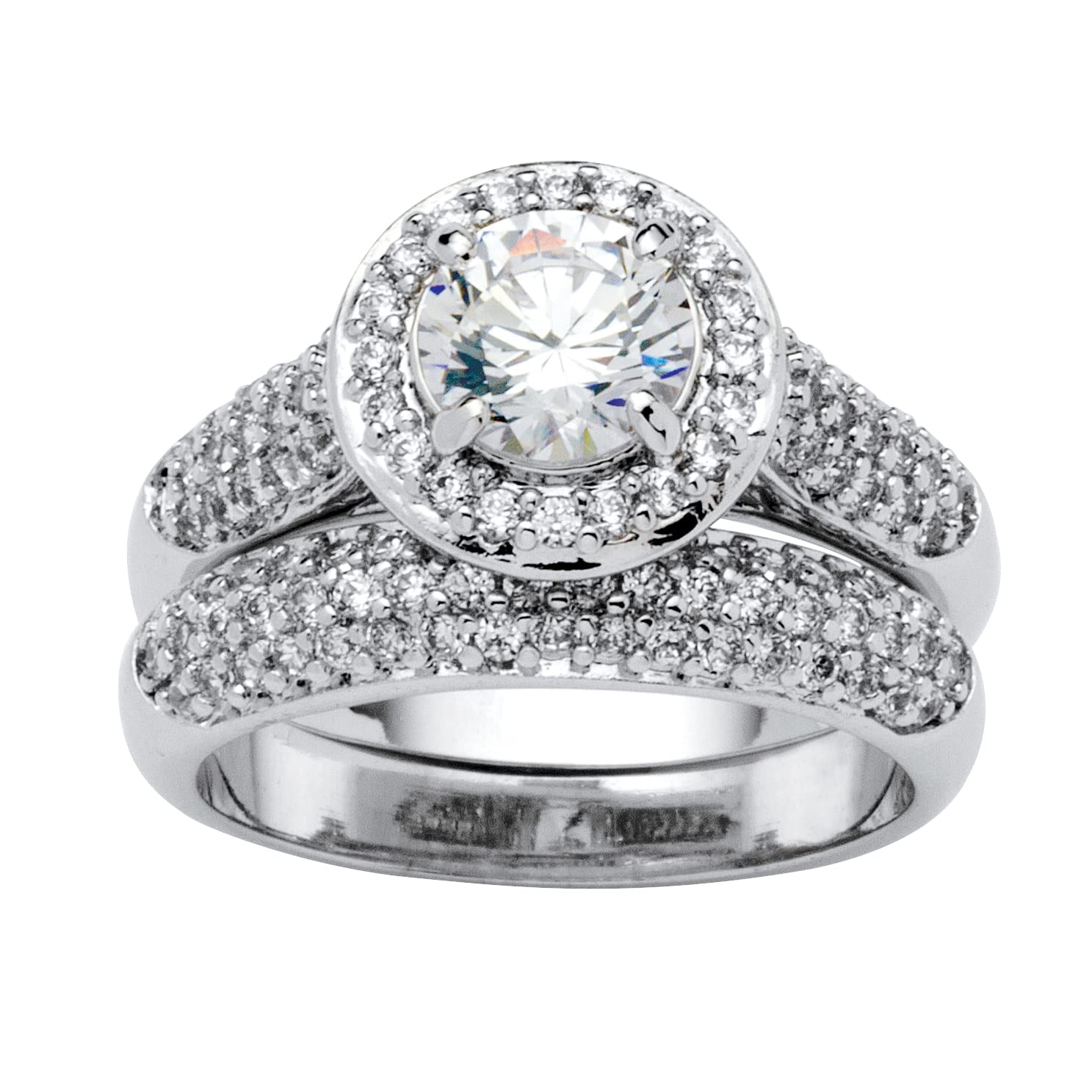 PalmBeach Platinum-plated Round Cubic Zirconia Pave Halo Bridal Ring Set Sizes 7-10 Size 9