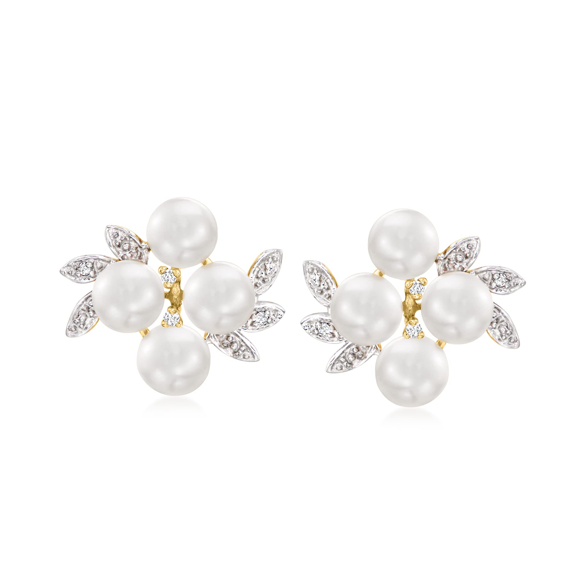 Ross-Simons 5.5-6mm Cultured Pearl Cluster Earrings With Diamond Accents in 14kt Yellow Gold