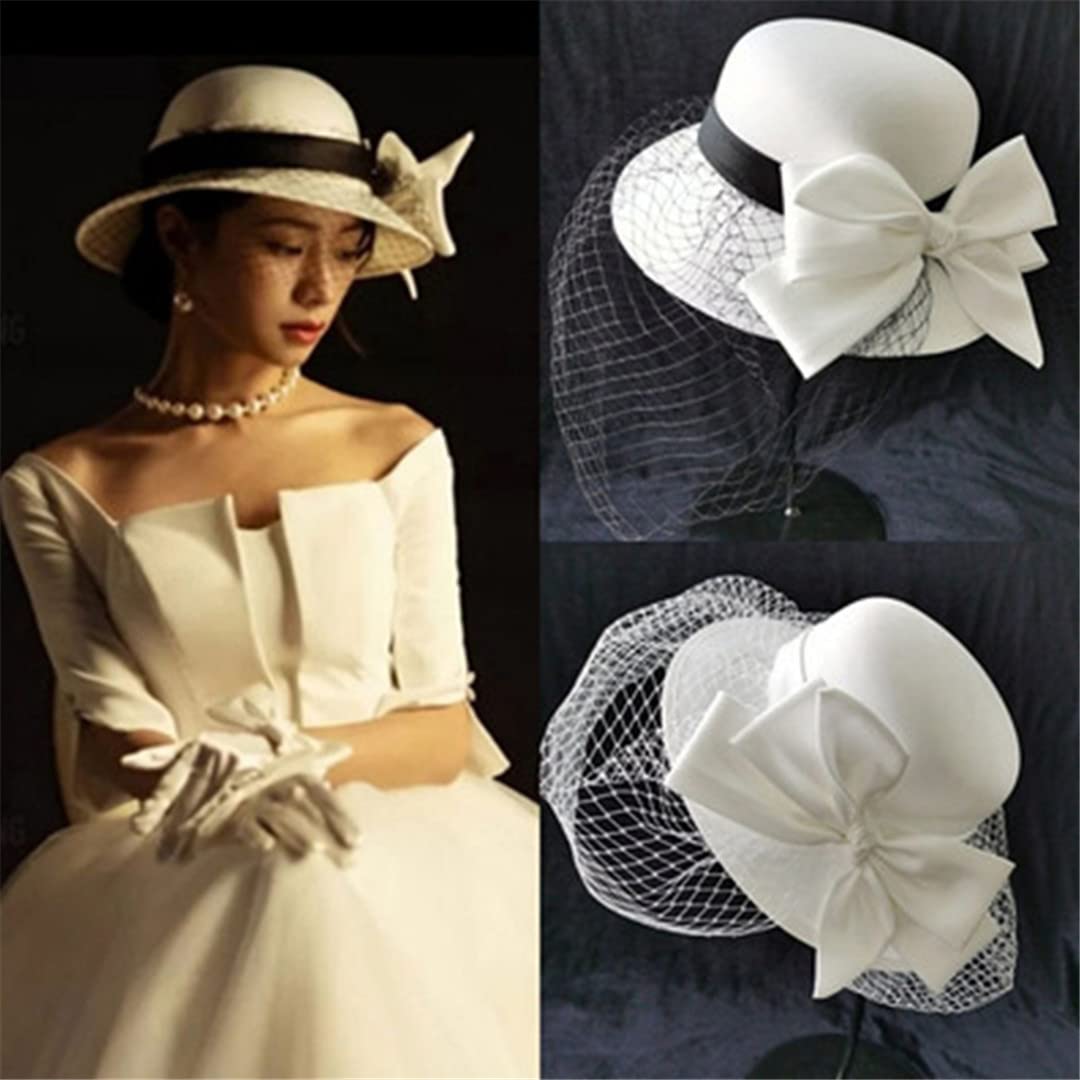 Vintage Wedding Hat Lace Female Net White Bow Bridal Top Hat Birthday Dinner Headwear Elegant Wedding Accessories Style-2