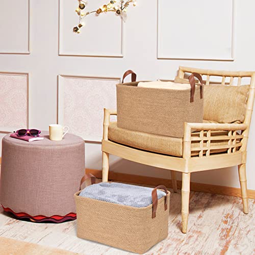 Sarmyarc 2 pieces of fabric storage bins, foldable jute woven storage basket with leather handle for easy access, storage bins for organizing closets, shelves and living rooms.