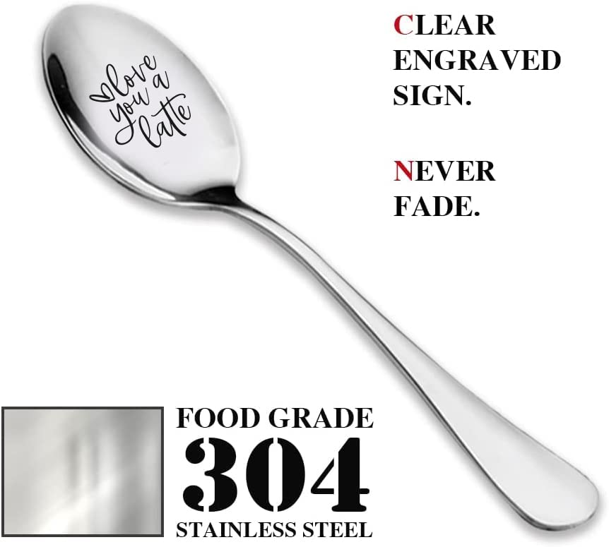 TyM Love you a latte Engraved Stainless Steel spoon for coffee tea cereal ice cream - Engraved gift for him/her - 7 inch Sturdy handle and food safe engraving