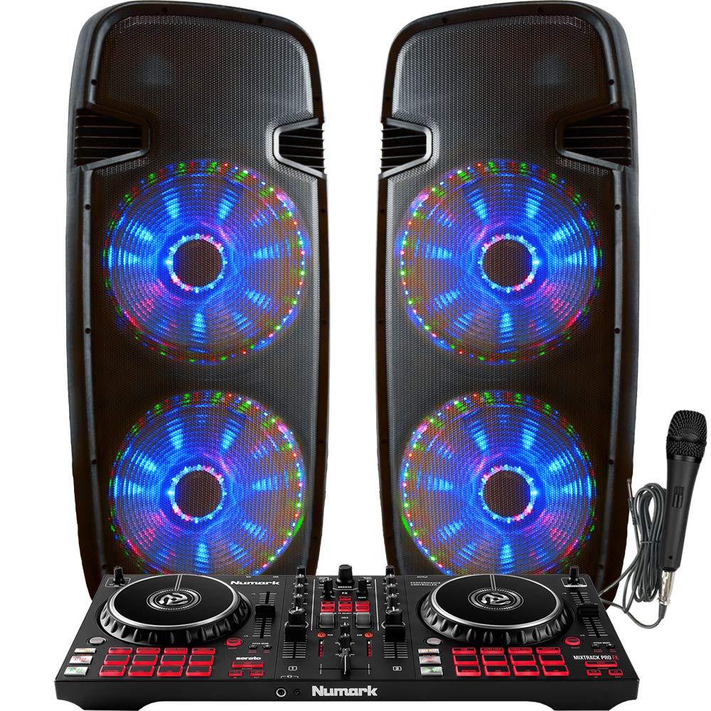 Professional DJ System - Mixtrack Pro FX DJ Controller - Serato DJ Lite Software - Lighted Powered Dual 15" DJ Speakers - 4000 Watts