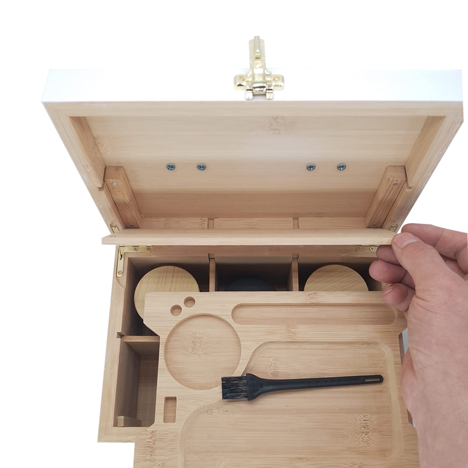 stash box,stash box with lock ,Large bamboo stash box,With glass jar, grinder,removable tray and brush (9.8*6.7*4.3 inches)
