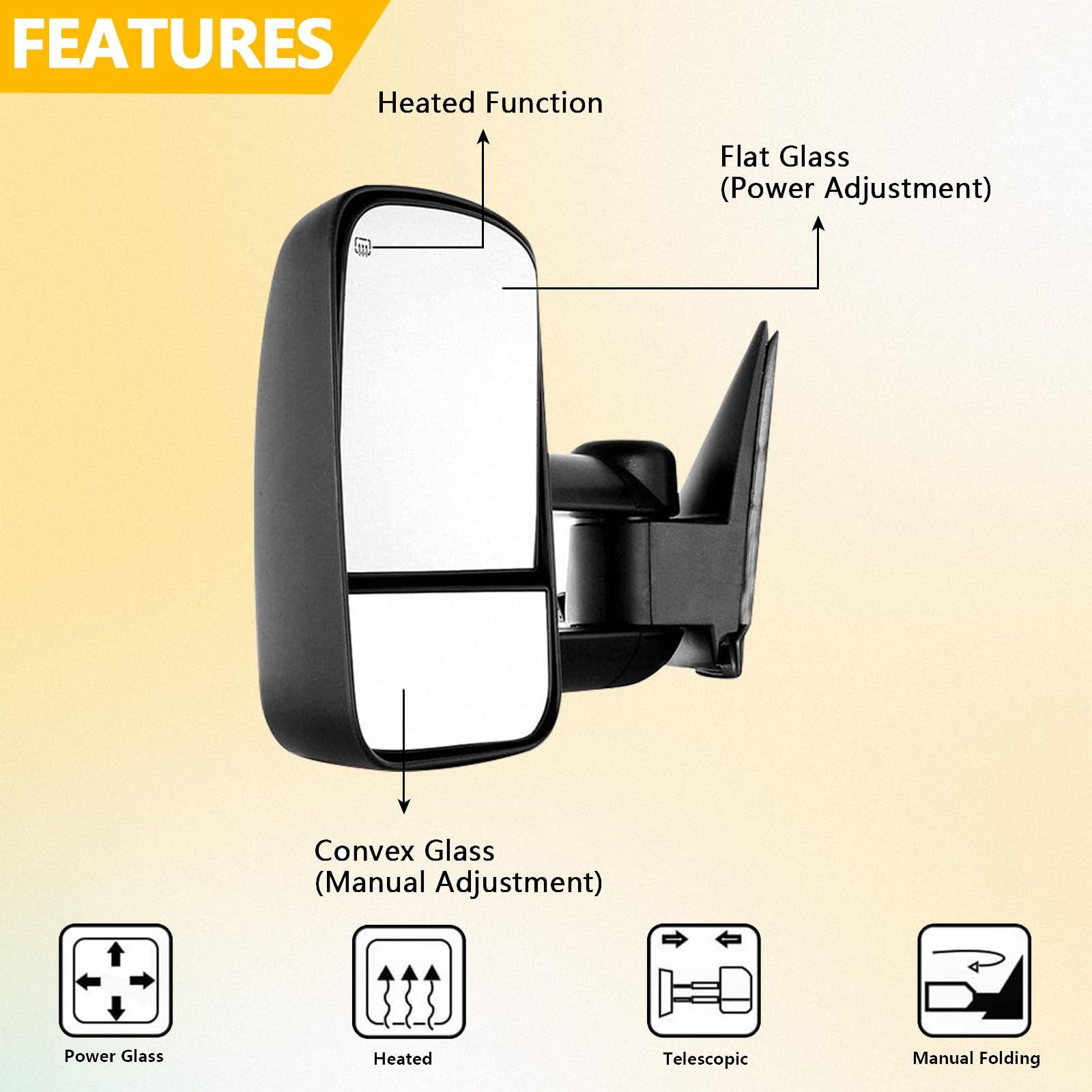 Perfit Zone Towing Mirrors Compatible with 2007-2014 Chevy Silverado for GMC Sierra 1500 2500 3500 HD Yukon Tahoe Black Power Heated Convex Lens Manual Folding Pair Set Driver Passenger LH RH