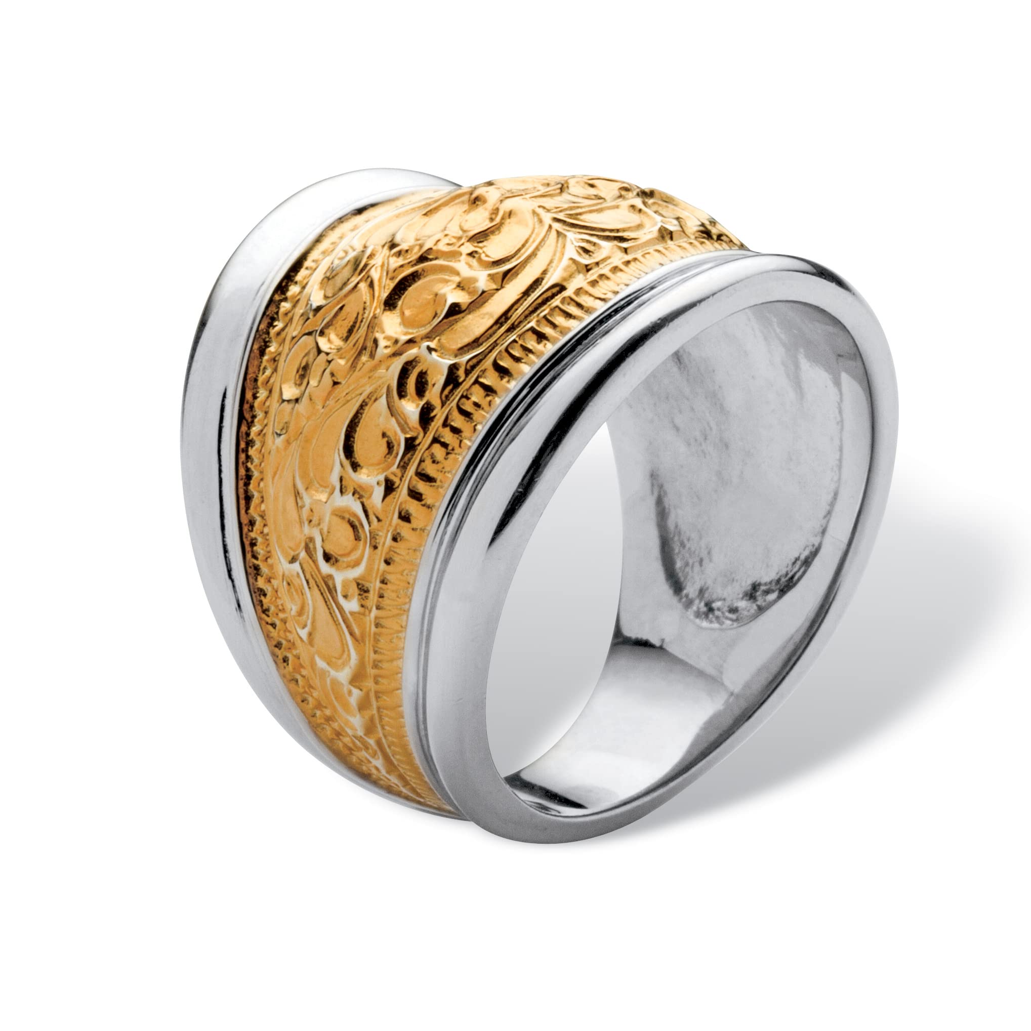 PalmBeach Yellow Gold-plated Sterling Silver Two Tone Scroll Motif Cigar Band Ring (5mm) Sizes 6-10 Size 7