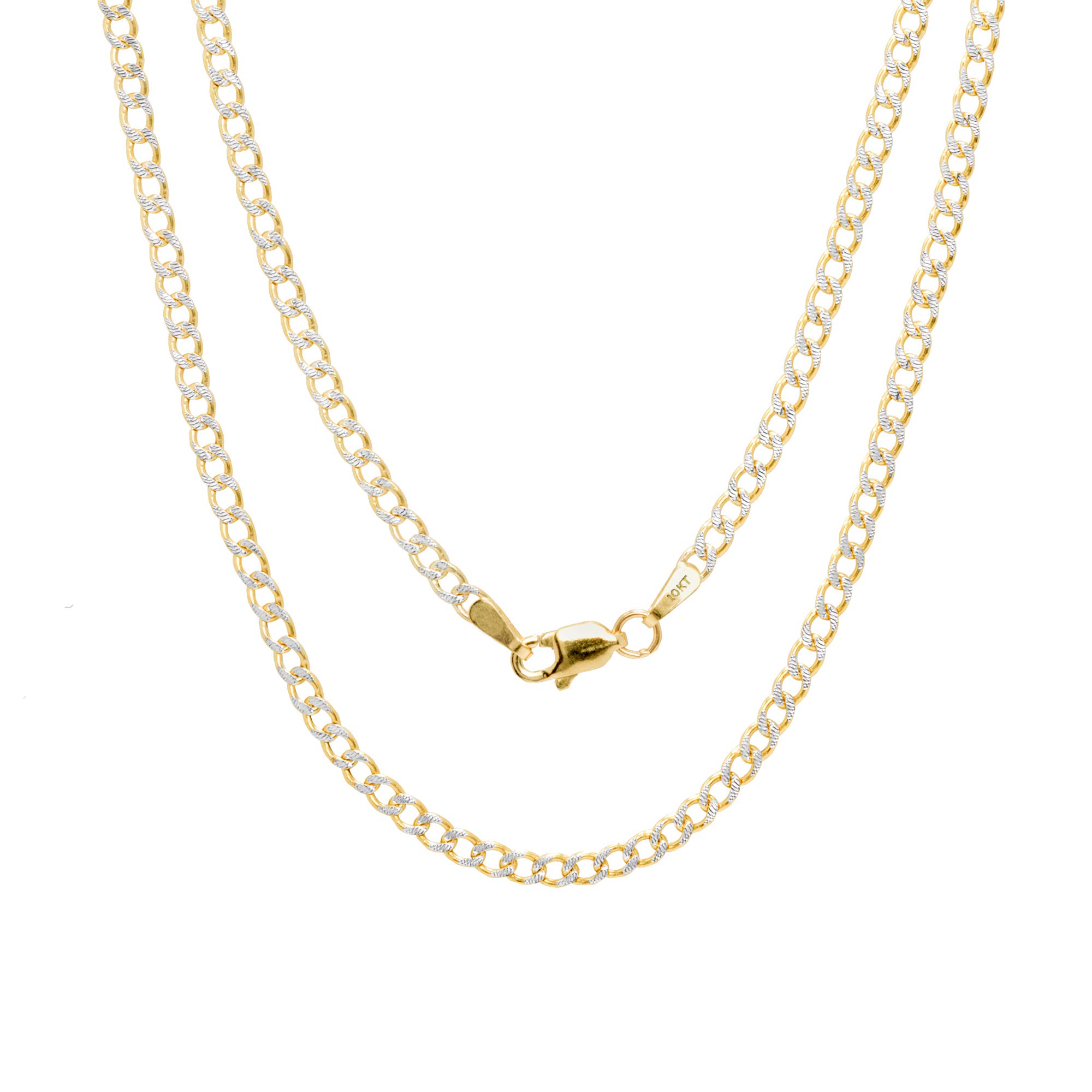 Nuragold 10k Yellow Gold 2.5mm Cuban Chain Curb Link Diamond Cut Pave Two Tone Pendant Necklace, Mens Womens Jewelry 16" 18" 20" 22" 24" 26"