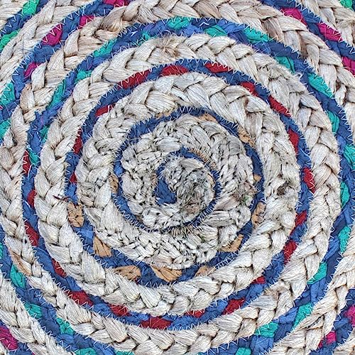 SIMPLIHOME Margo 20 Inch Wide Boho Round Pouf in Blue Braided Jute, for The Living Room, Bedroom and Kids Room