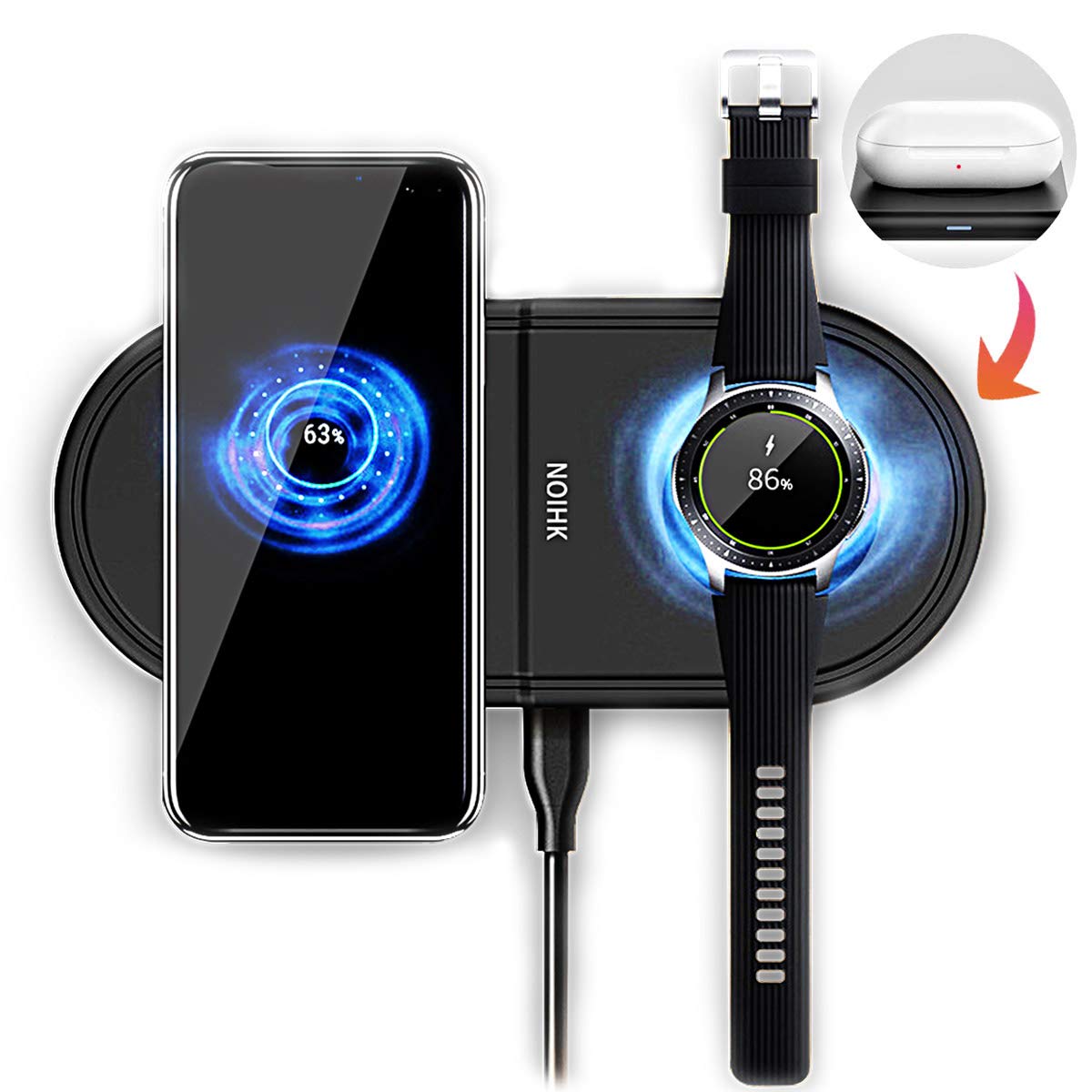 NOIHK Dual Wireless Charger Pad Compatible with Samsung Galaxy Watch 3,Active 2/1,Gear S3/S2, 2 in 1 Fast Charging Dock Station for Samsung S21/S20/S10/S9/S8/Note 20/10/9,Galaxy Buds 2/+/Pro/Live