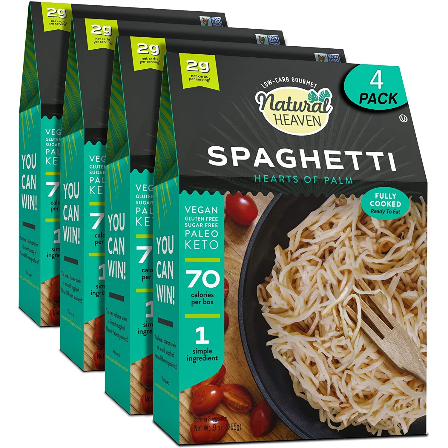 Natural Heaven Pasta, Hearts of Palm Pasta Spaghetti Noodles, Gluten Free, Vegan, Low Carb Pasta for a Keto Snack or Healthy Food Meal 9 Ounce (Pack of 4)