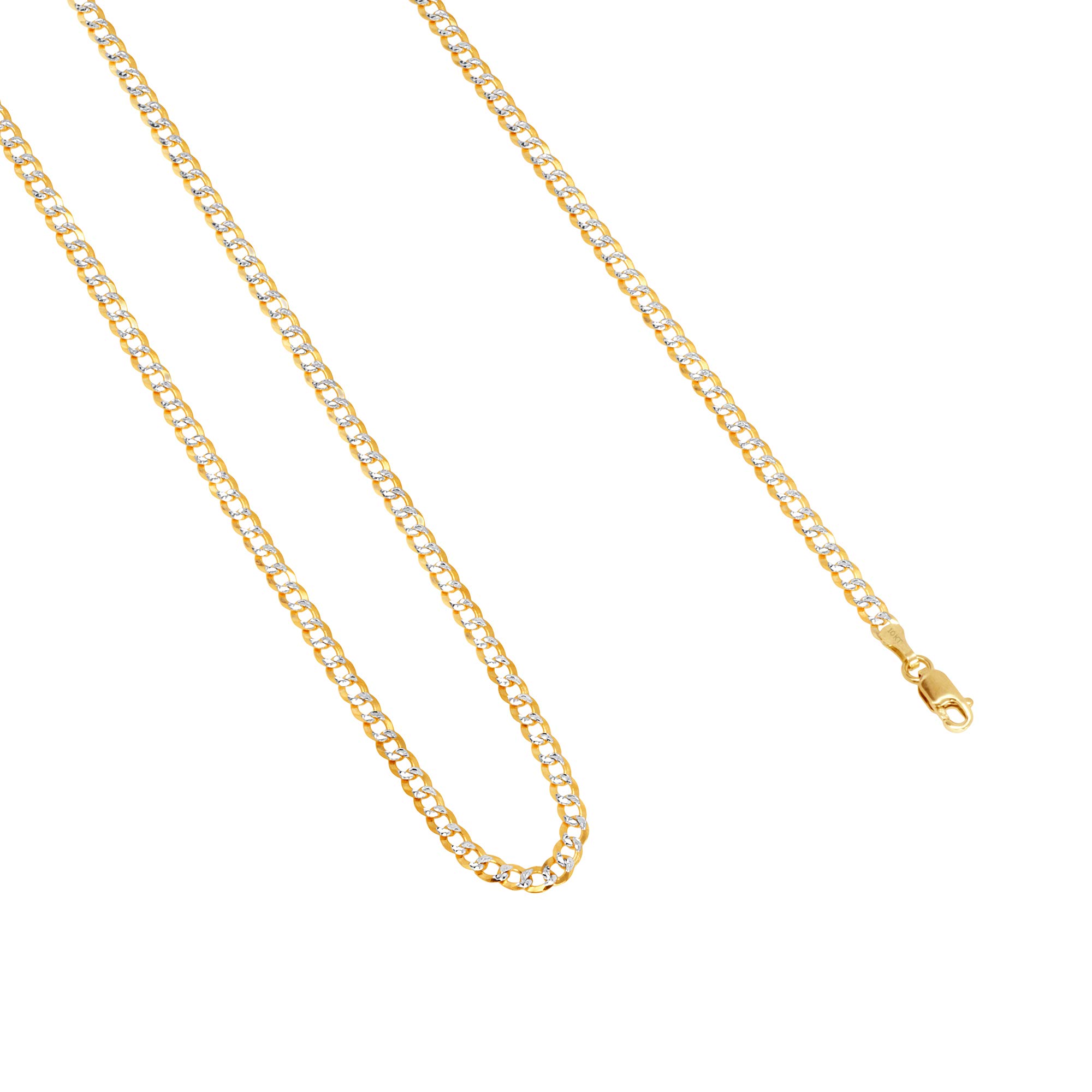Nuragold 10k Yellow Gold Solid 3mm Cuban Chain Curb Link Diamond Cut Pave Two Tone Pendant Necklace, Mens Womens Jewelry 16" 18" 20" 22" 24" 26" 28" 30"