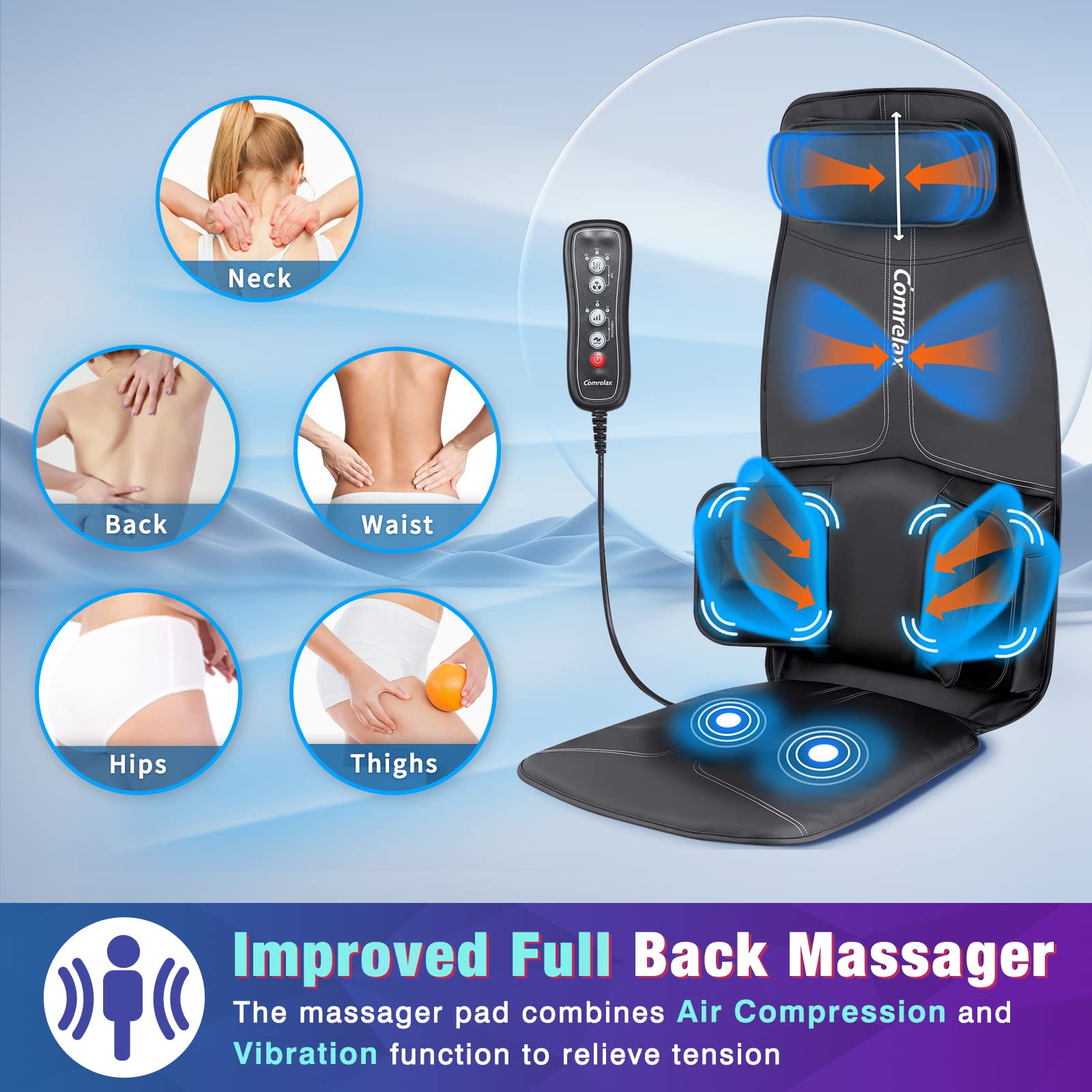 SLOTHMORE Back Massager Pad Vibrating Back Massager, Height-Adjustable Massage Chair Pad for Home Office Use, 3 Modes & 3 Intensities to Compress and Relieve Massagers for Neck and Back, Soft Leather