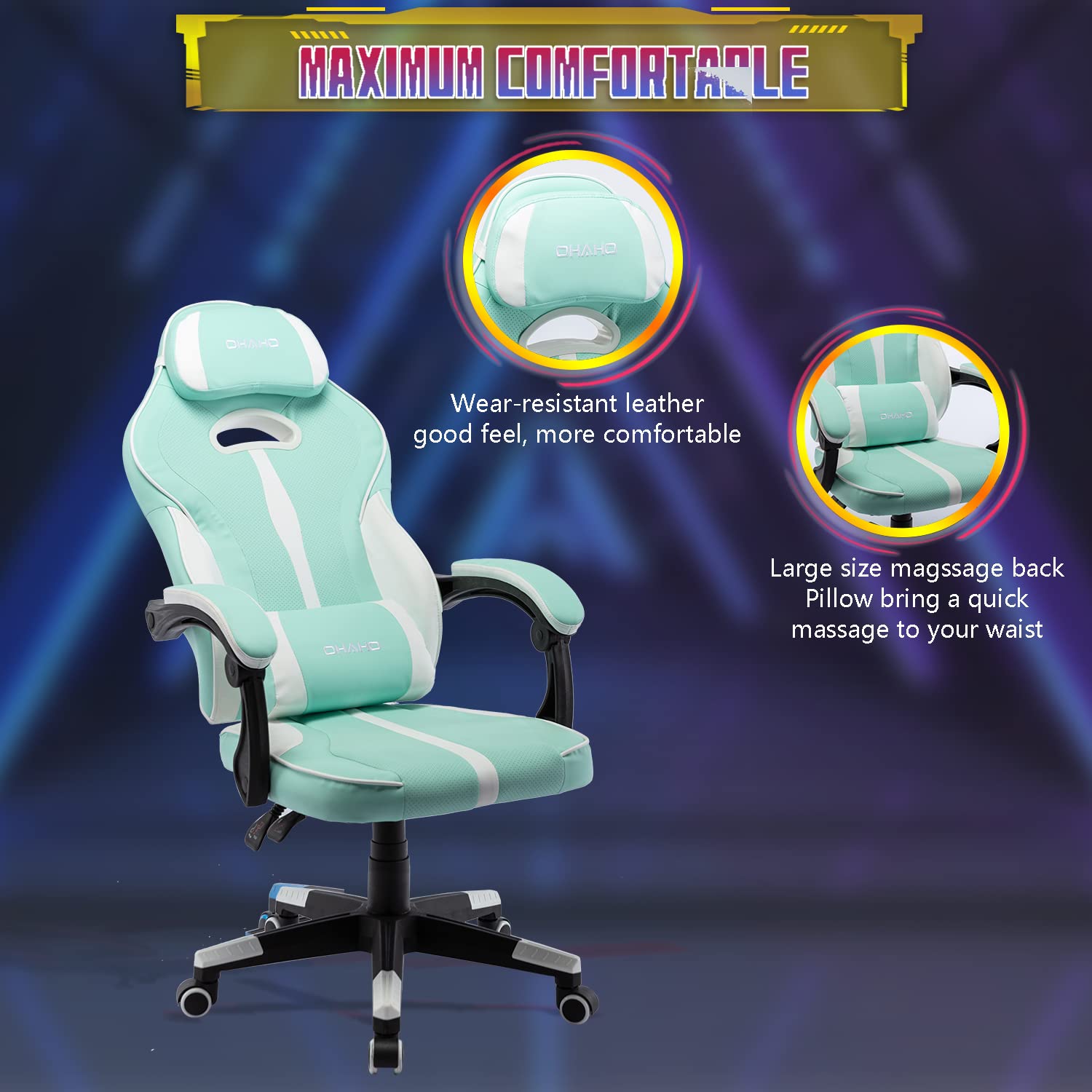 OHAHO High-Back Gaming Chair PC Office Chair Computer Racing Chair PU Desk Task Chair Ergonomic Executive Swivel Rolling Chair with Lumbar Support (Black)