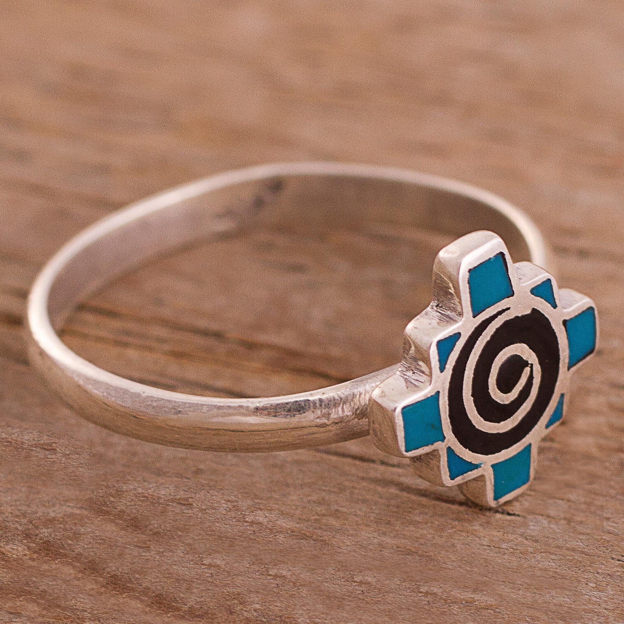 NOVICA Artisan Handmade 950 Silver Onyx Chrysocolla Cocktail Ring Chakana from Peru Fine Cultural Cross Gemstone Birthstone 'Chakana Swirl'