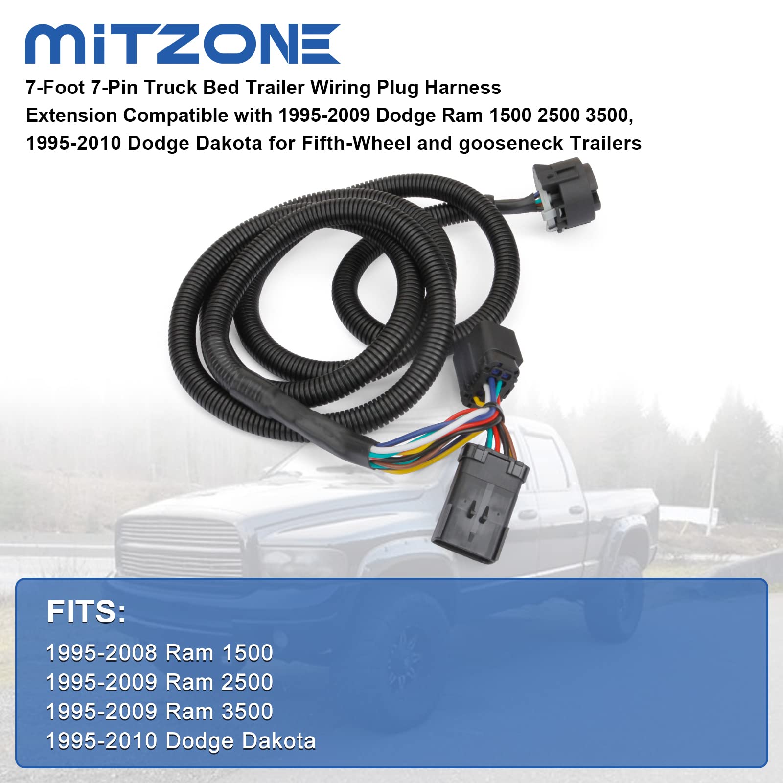 MITZONE 7-Foot 7-Pin Truck Bed Trailer Wiring Plug Harness Extension Compatible with 1995-2009 Dodge Ram 1500 2500 3500, 1995-2010 Dodge Dakota for Fifth-Wheel and gooseneck Trailers