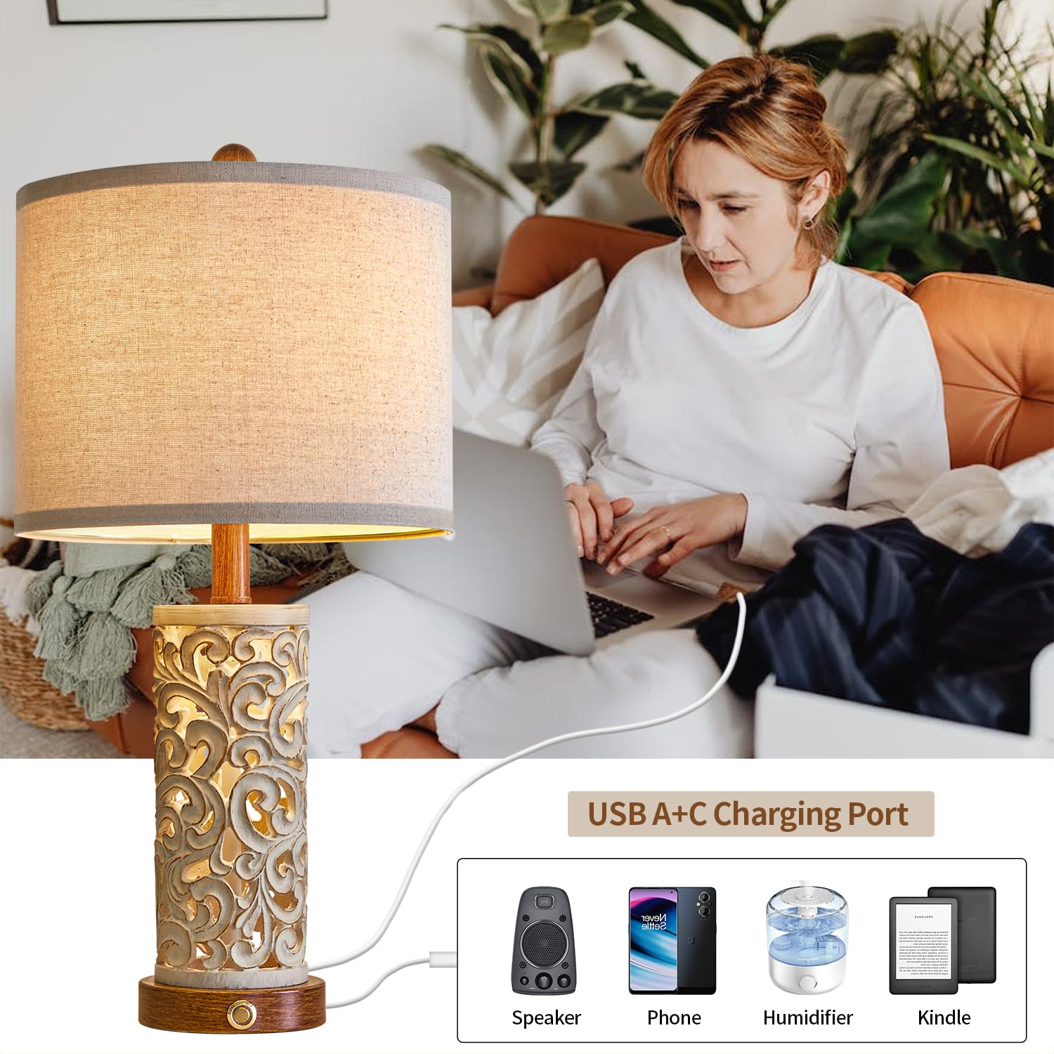 OYEARS 3-Way Dimmable 22'' USB A+C Touch Control Table Lamp with Nightlight for Living Room Bedroom Farmhouse Bedside Nightstand Lamps (1 Bulbs and 1 Built-in LED Beads Included)…
