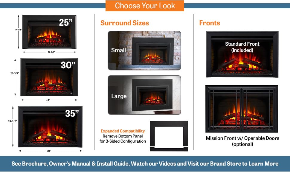 SimpliFire Electric Fireplace Insert, 35-Inch, Contemporary Front, Large Surround, Installs Into a Wood Fireplace Opening, Textured Logs, Multi-Function Remote with Timer, 1500W Heater