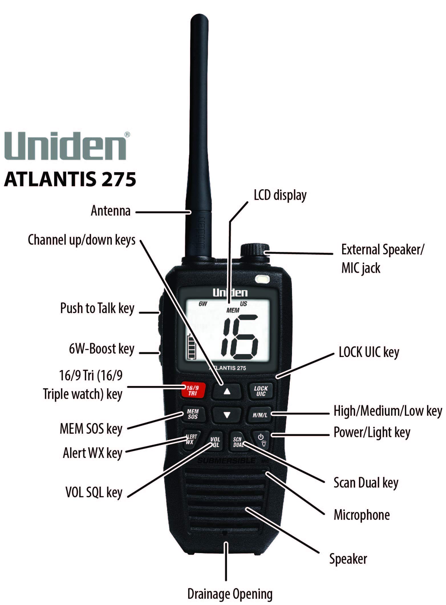 Uniden Atlantis 275 Handheld Marine Radio + SeaSense Large Air Horn
