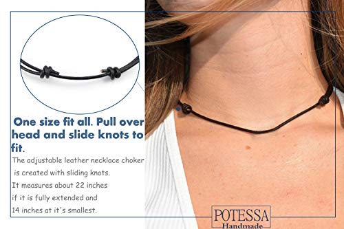 POTESSA Black Leather Cord Choker Necklace Double Knotted Adjustable Necklace Minimalist Jewelry for Women Men Unisex