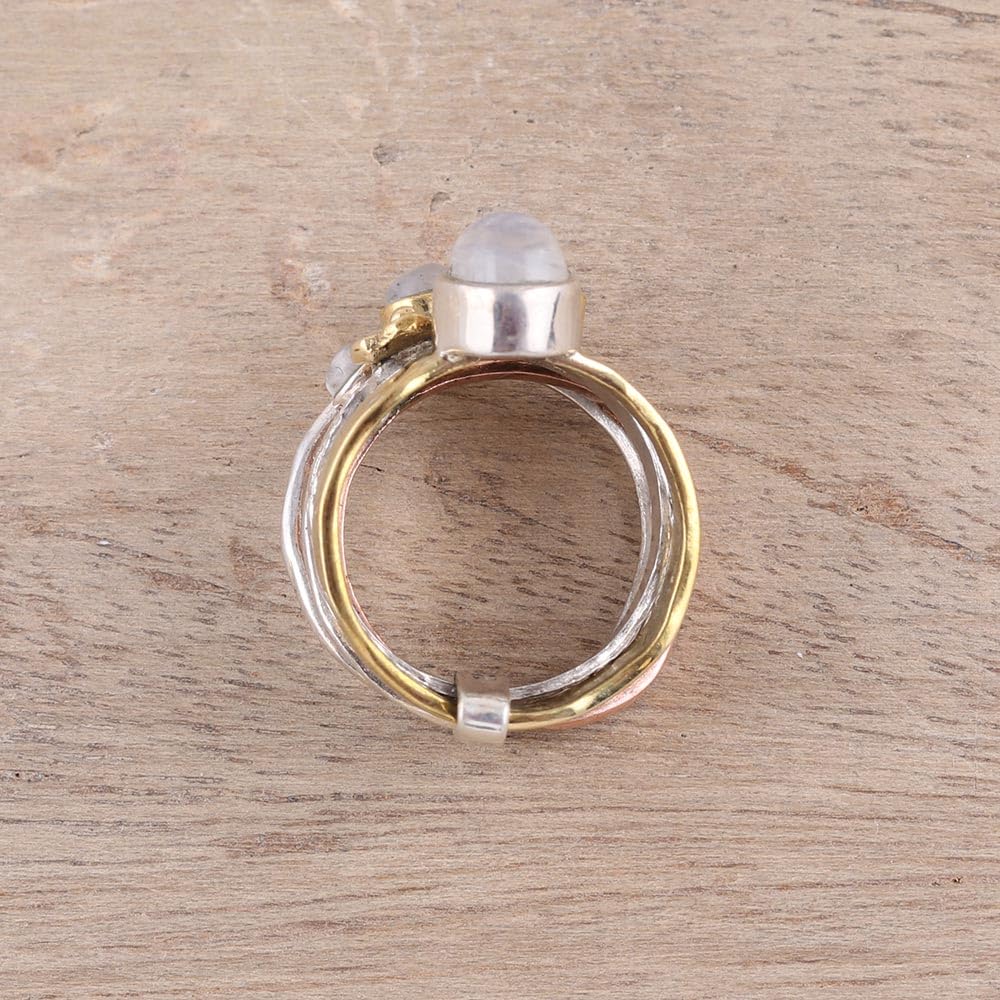 NOVICA Artisan Handmade Rainbow Moonstone Cocktail Ring Mixed Metals Floral from India Copper .925 Sterling Silver Brass Clear Multi Gemstone 'Rain Flowers'