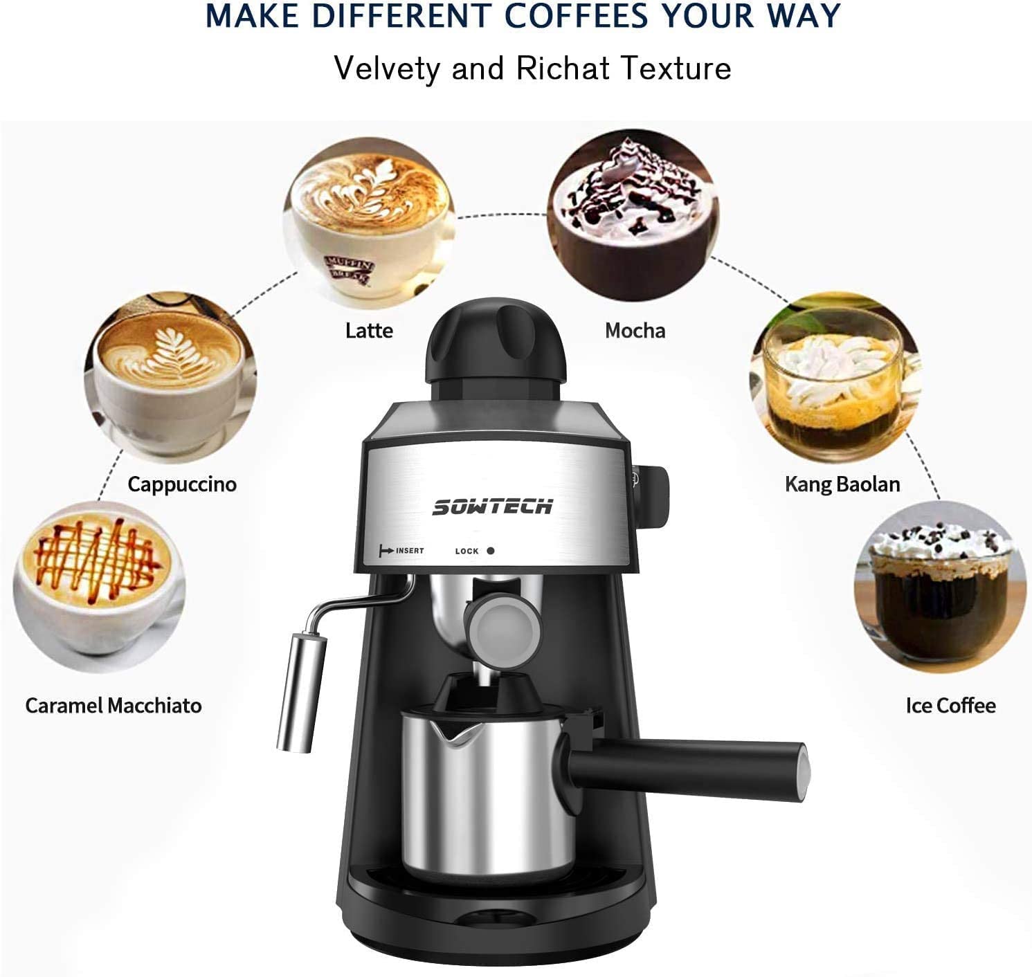 SOWTECH Steam Espresso Machine Espresso Maker Cappuccino Latte Machine with Steam Milk Frother and Mug 3.5 Bar 4 Cup