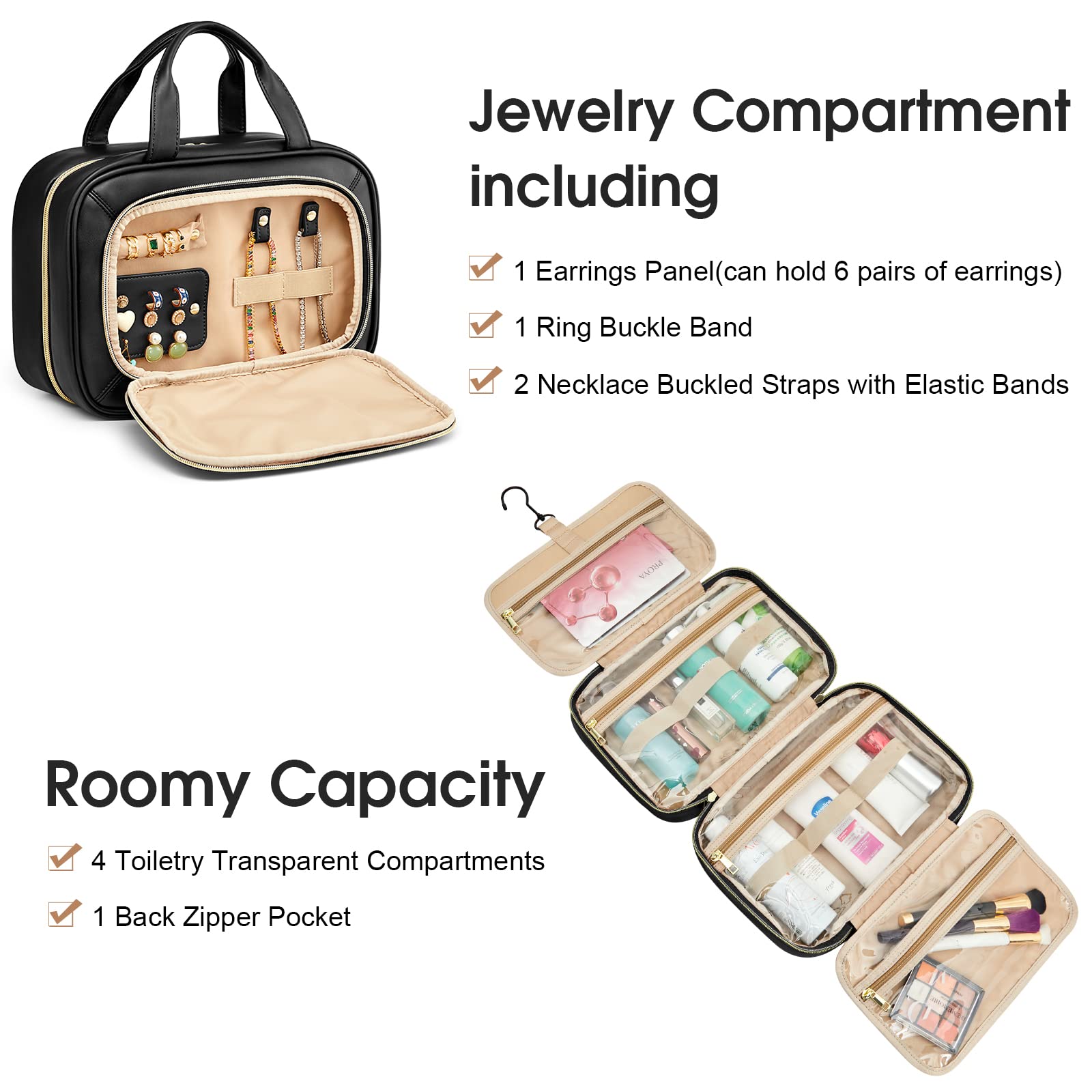 Newshows Leather Travel Toiletry Bag for Women with Jewelry Organizer Compartment, Large Makeup Cosmetic Bag with Hanging Hook, Travel Essentials, Full Sized Container
