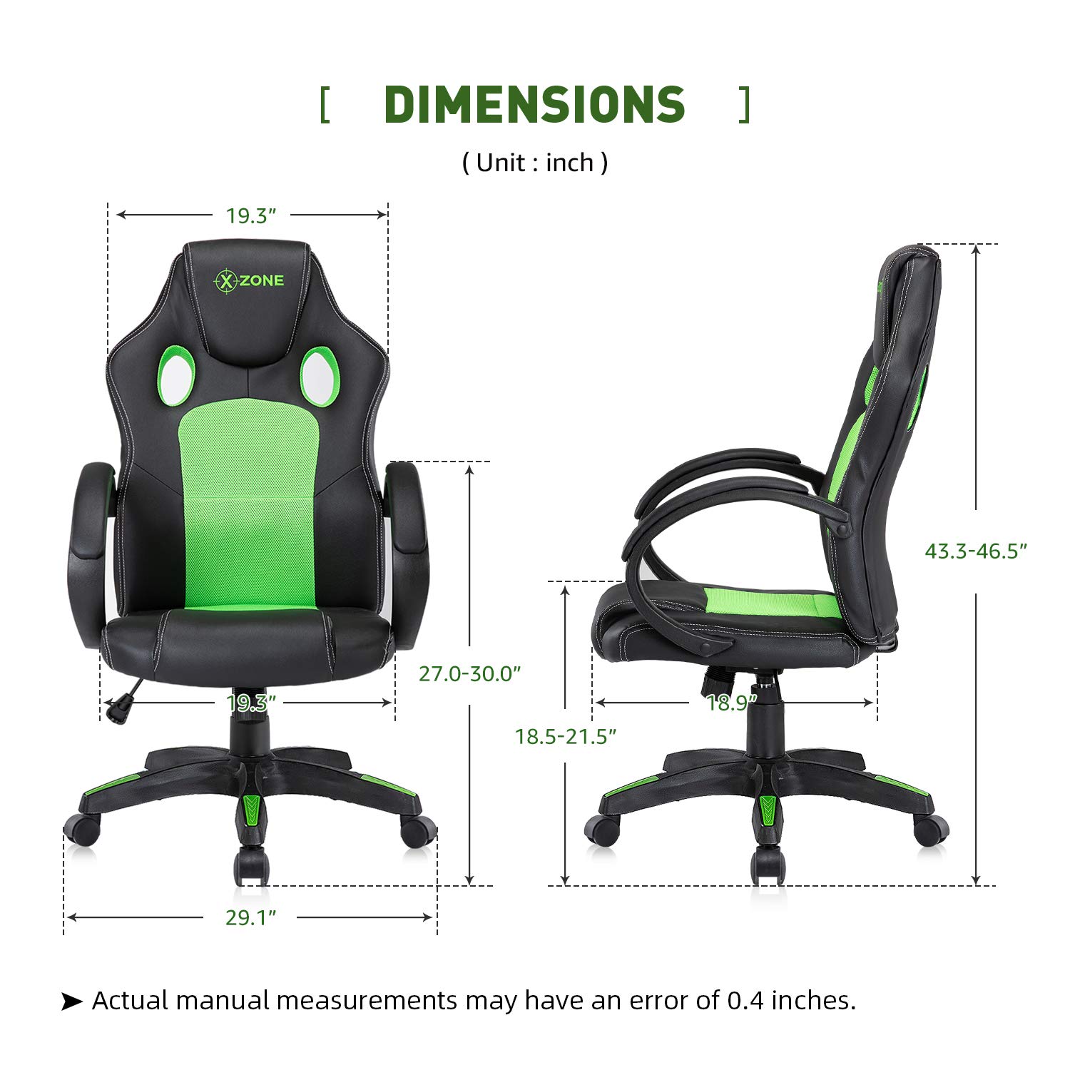 Seatingplus Video Gaming Chair, High Back Adjustable Racing Style Computer Office Chair, Bonded Leather Mesh Desk Chair with Height Adjustment and Padded Armrests (Green)