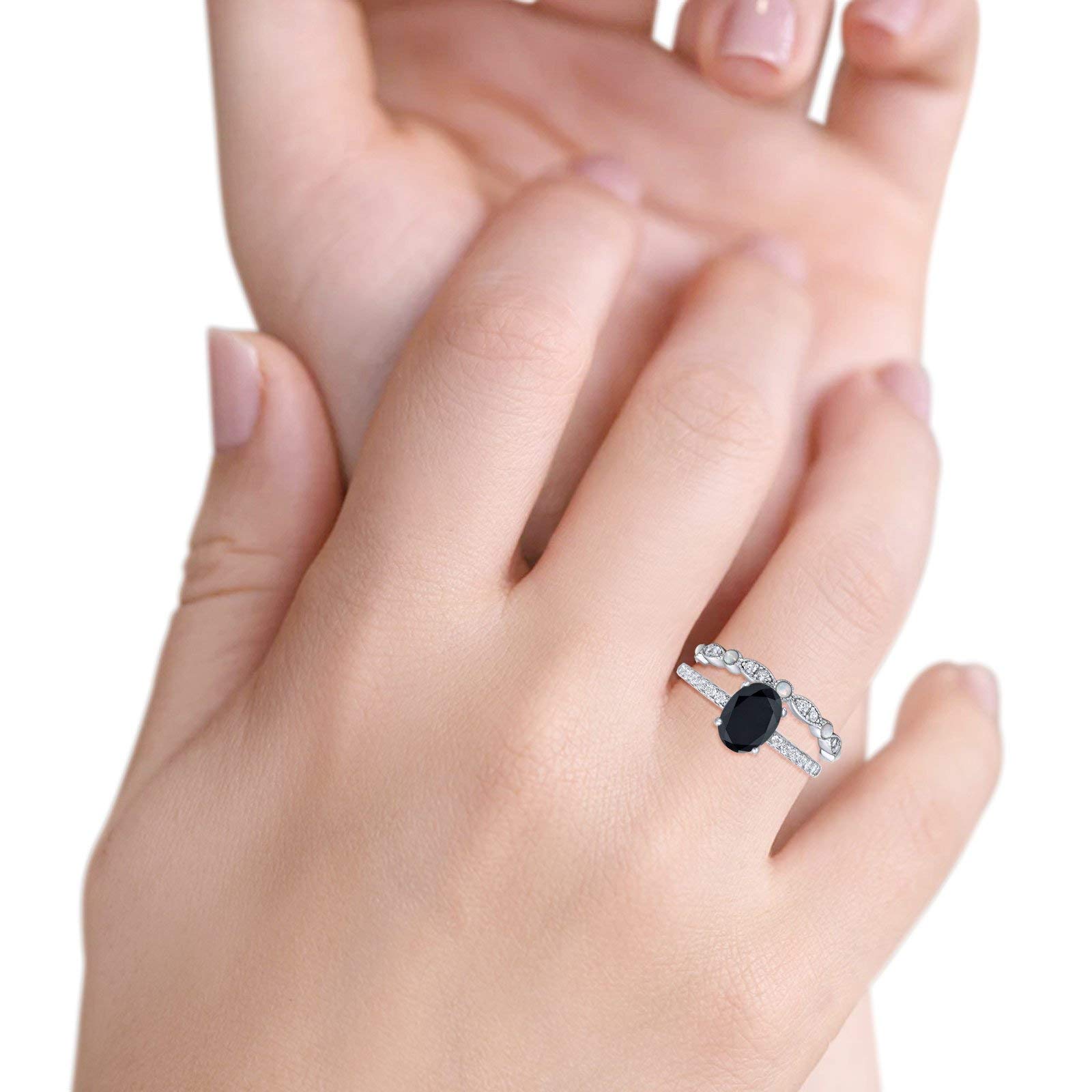 Simulated Black Cubic Zirconia Size-10 Two Piece Oval Art Deco Bridal Set Wedding Engagement Ring Band Round Simulated Cubic Zirconia 925 Sterling Silver