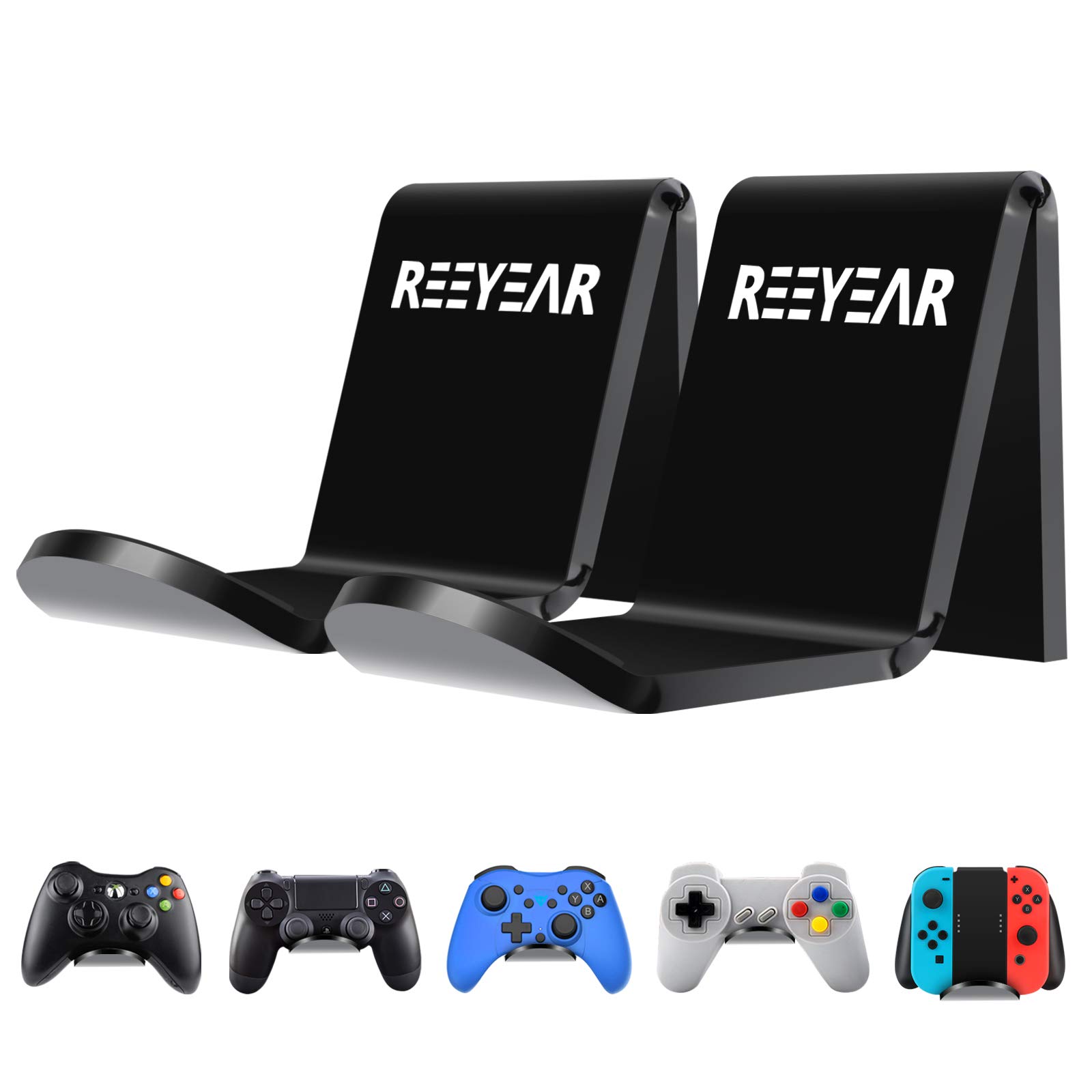 REEYEAR Video Game Controller Wall Mount Holder for Universal PS5 PS4 Xbox One S/Steam/Nintendo Switch/PC Video, No Drilling Stick on Stand Hanger for Gaming Controllers Headphone 2 Pcs Black