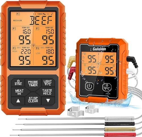 Wireless Meat Thermometer, Guichon Digital Meat Thermometer, 4 Probes Food Thermometer for BBQ, Grill, Oven, Smoker, Grill Thermometer with 500FT Remote Range