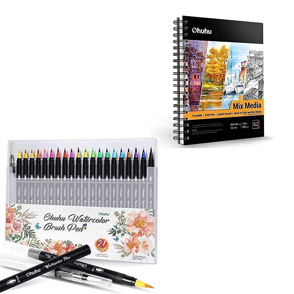 Ohuhu Watercolor Brush Markers Pen Set of 24, Water Based Drawing Marker Brushes W/A Water Coloring Brush+Mix Media Pad, 10"Ć7.6" Mixed Media Art Sketchbook