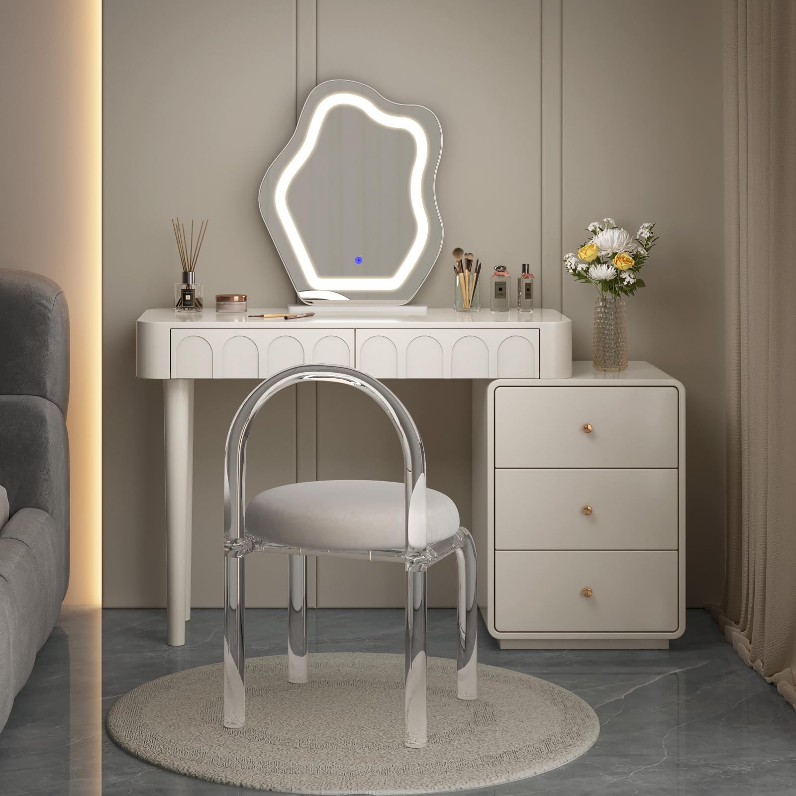 Miuuod Makeup Vanity Desk with LED Light & Mirror, 3 Light Model Modern Cosmetics Table with Drawers and Storage, Adjustable Direction Dressing Table for Women & Girls White Makeup Table 29.64" H