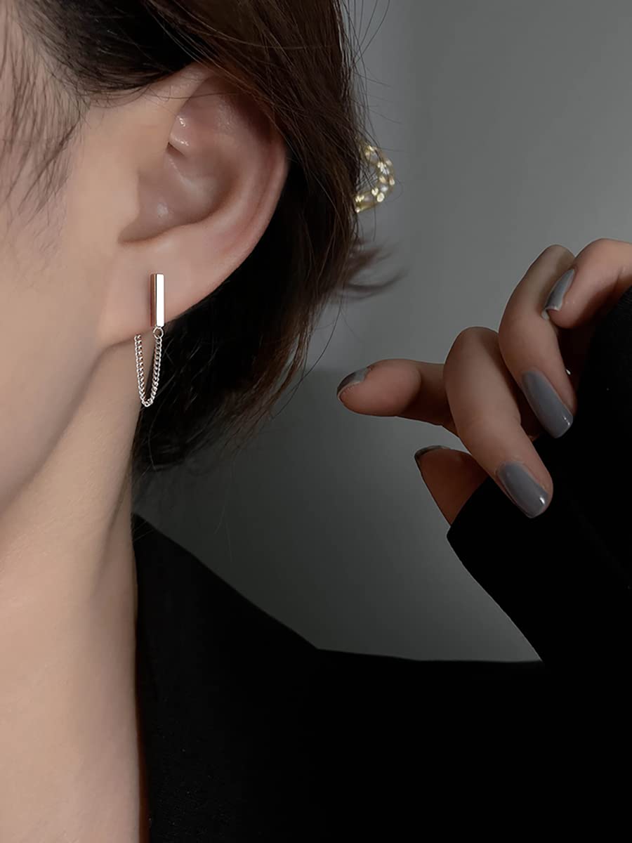 Reffeer 925 Sterling Silver Stud Earrings Minimalist Bar Earrings with Chain Dangle Earrings For Women (A-Silver)