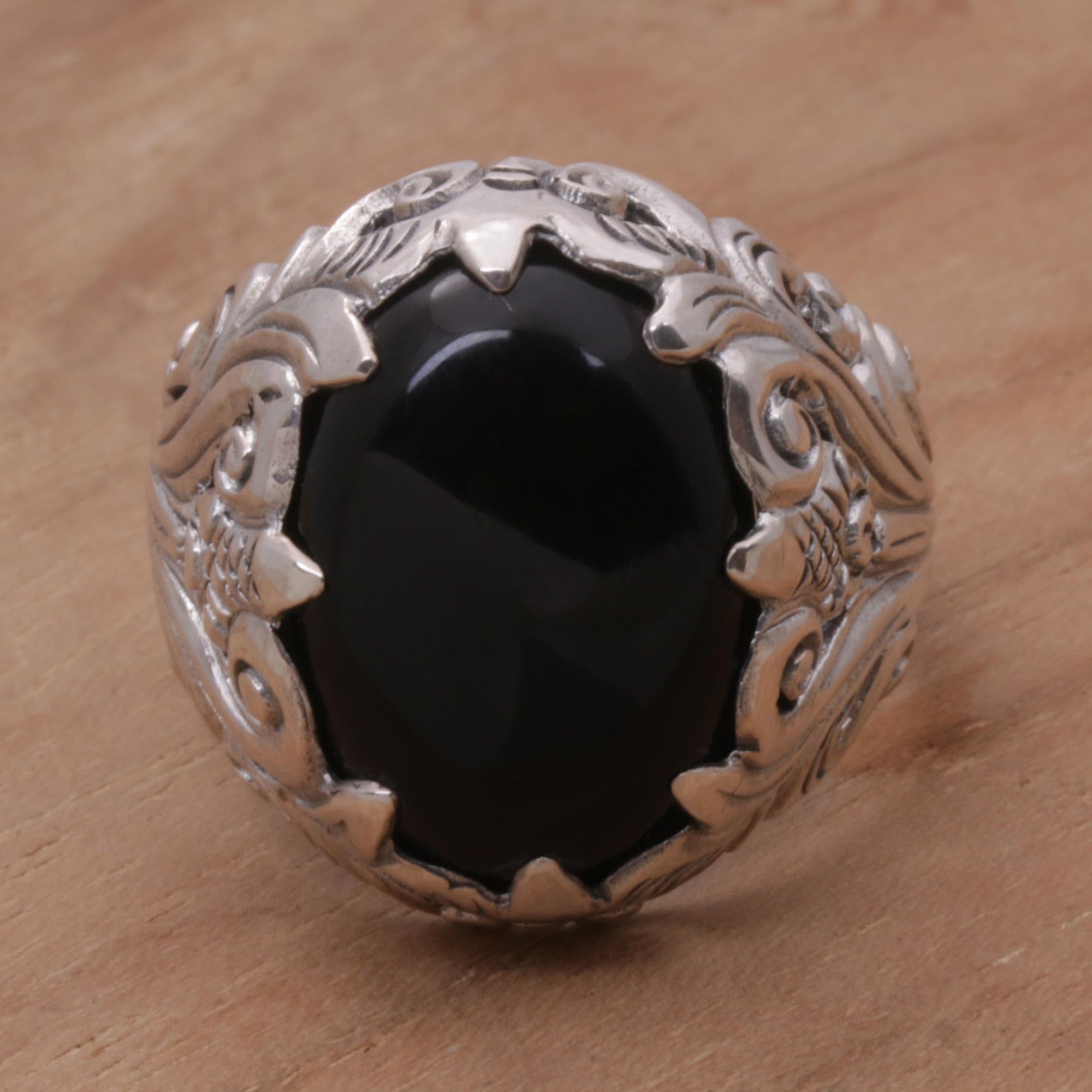 NOVICA Artisan Handcrafted .925 Sterling Silver Onyx Cocktail Ring from Bali Black Indonesia Birthstone 'Dark Forest'