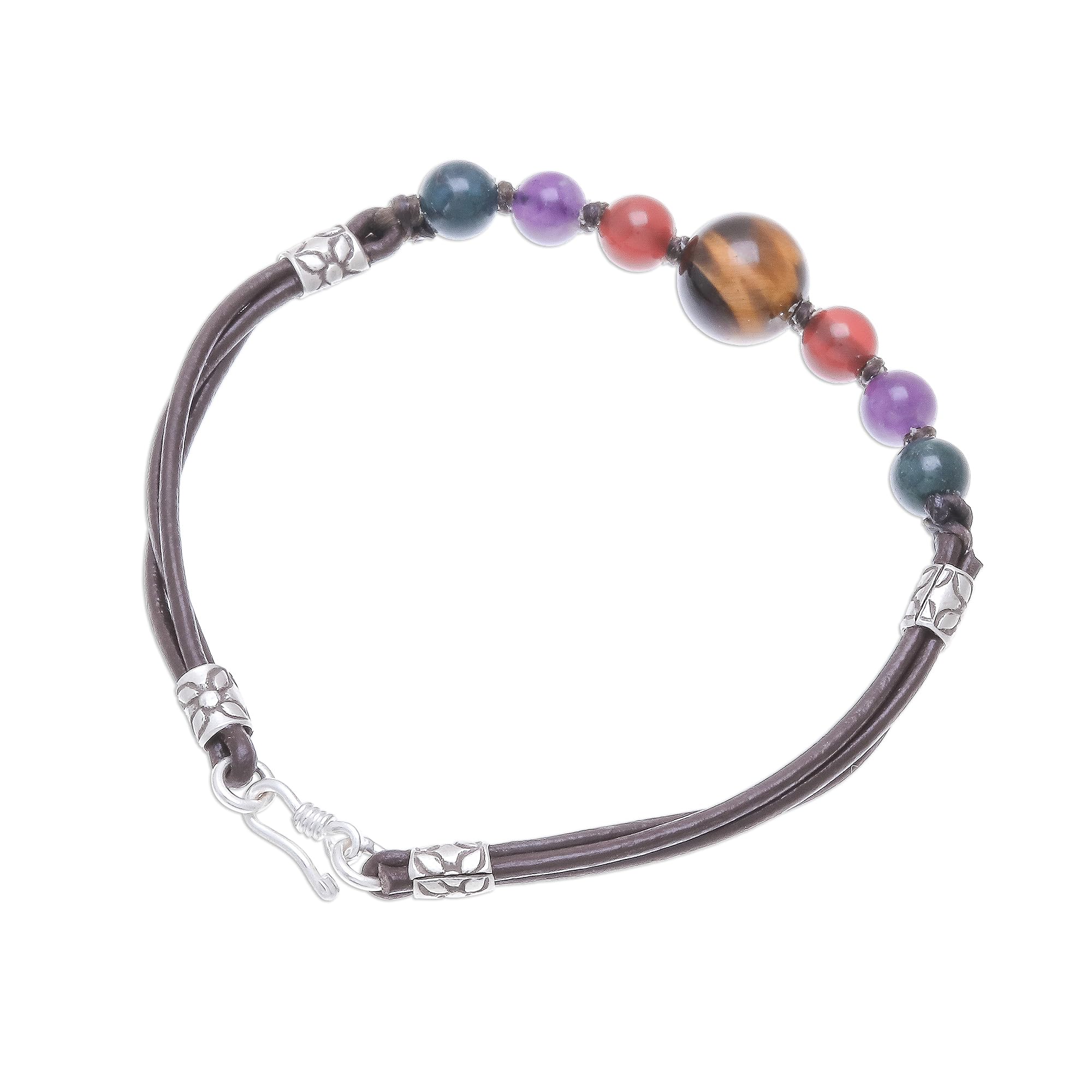 NOVICA Artisan Handmade Multigemstone Beaded Bracelet Crafted in Thailand Sterling Silver Tigers Eye [7.5 in L 3 mm W Pendant(s) 0.4 in L x 2.4 in W] ' Playful Rainbow'