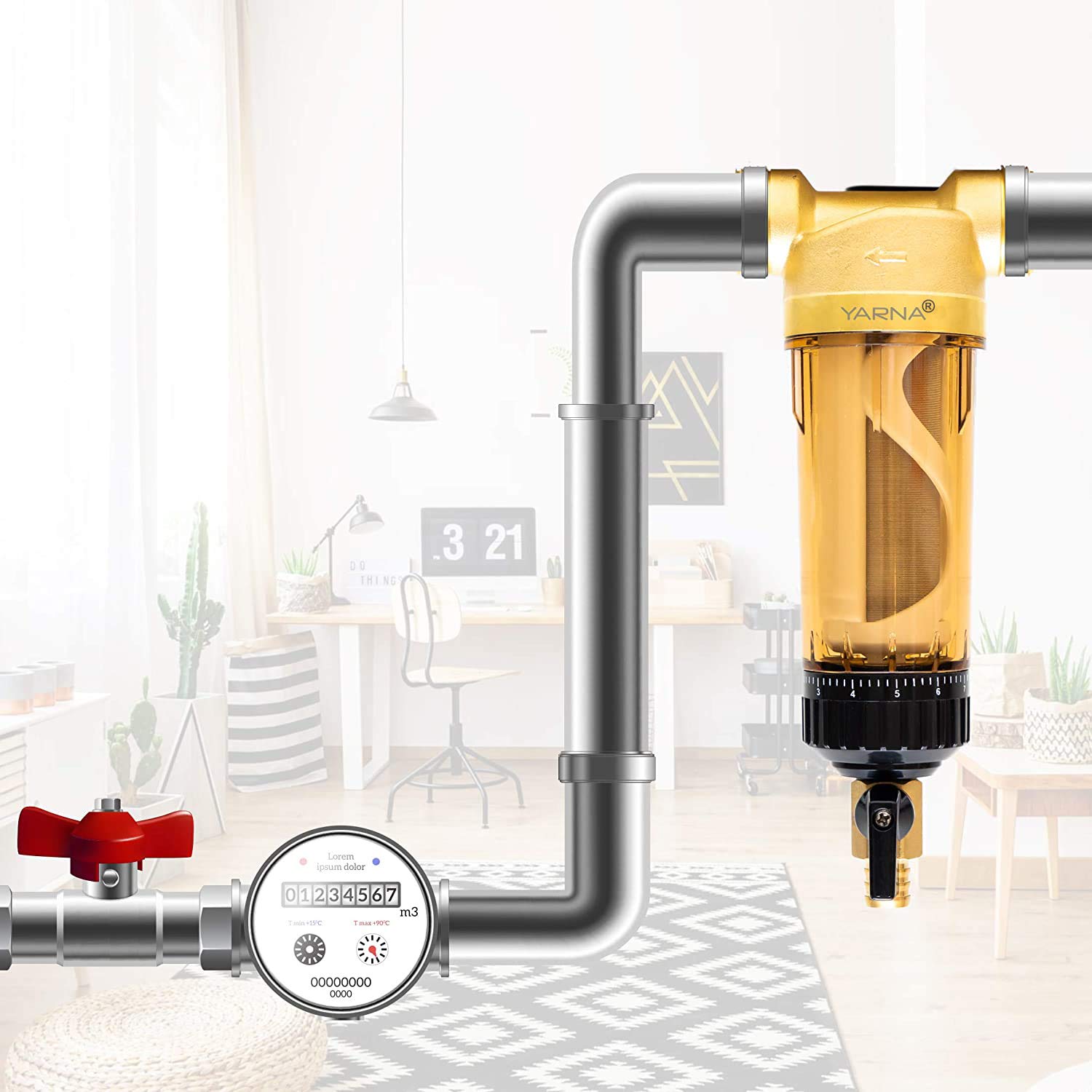 Sediment Water Filter - Whole House Reusable Filtration Water System - Spindown Prefilter 50 Micron (3/4" Male NPT + 1/2" Female NPT)