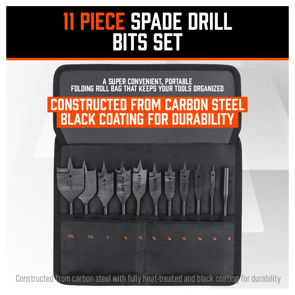 SEDY 11-Pieces Spade Drill Bit Set, Paddle Flat Bits with Extension for Woodworking, Industrial Grade Carbon Steel Black Coat, 1/4" to 1-1/2" with Storage Bag and Exquisite Packaging
