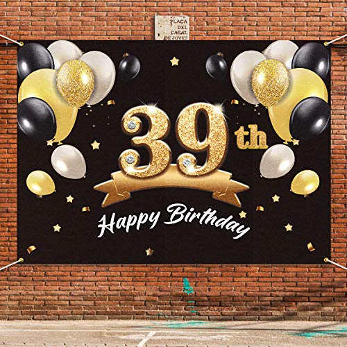 PAKBOOM Happy 39th Birthday Banner Backdrop - 39 Birthday Party Decorations Supplies for Men - Black Gold 4 x 6ft
