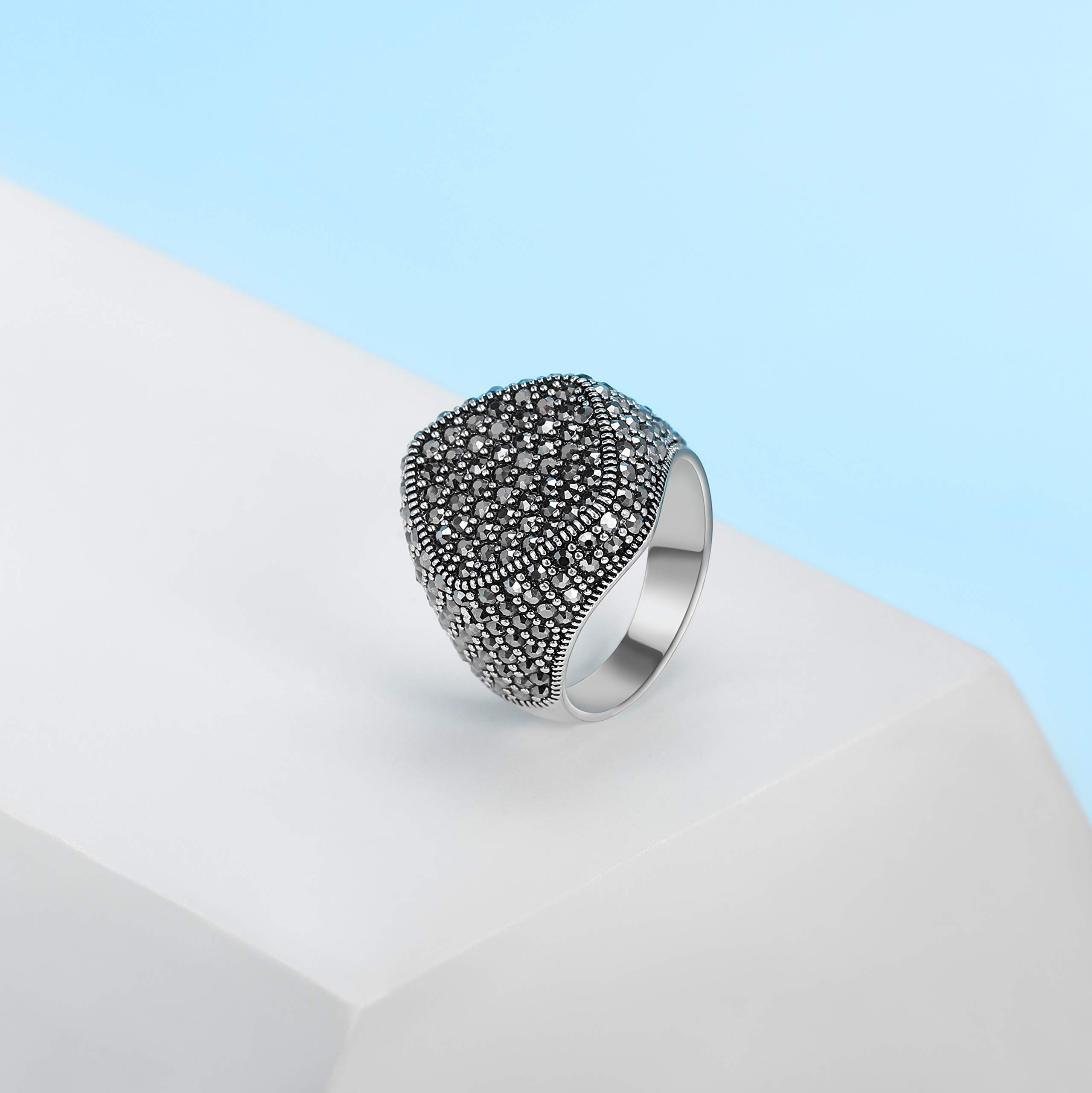 Mytys Marcasite Silver Rings for Women Geometry Black Diamond Costume Statement Women Rings Size 9
