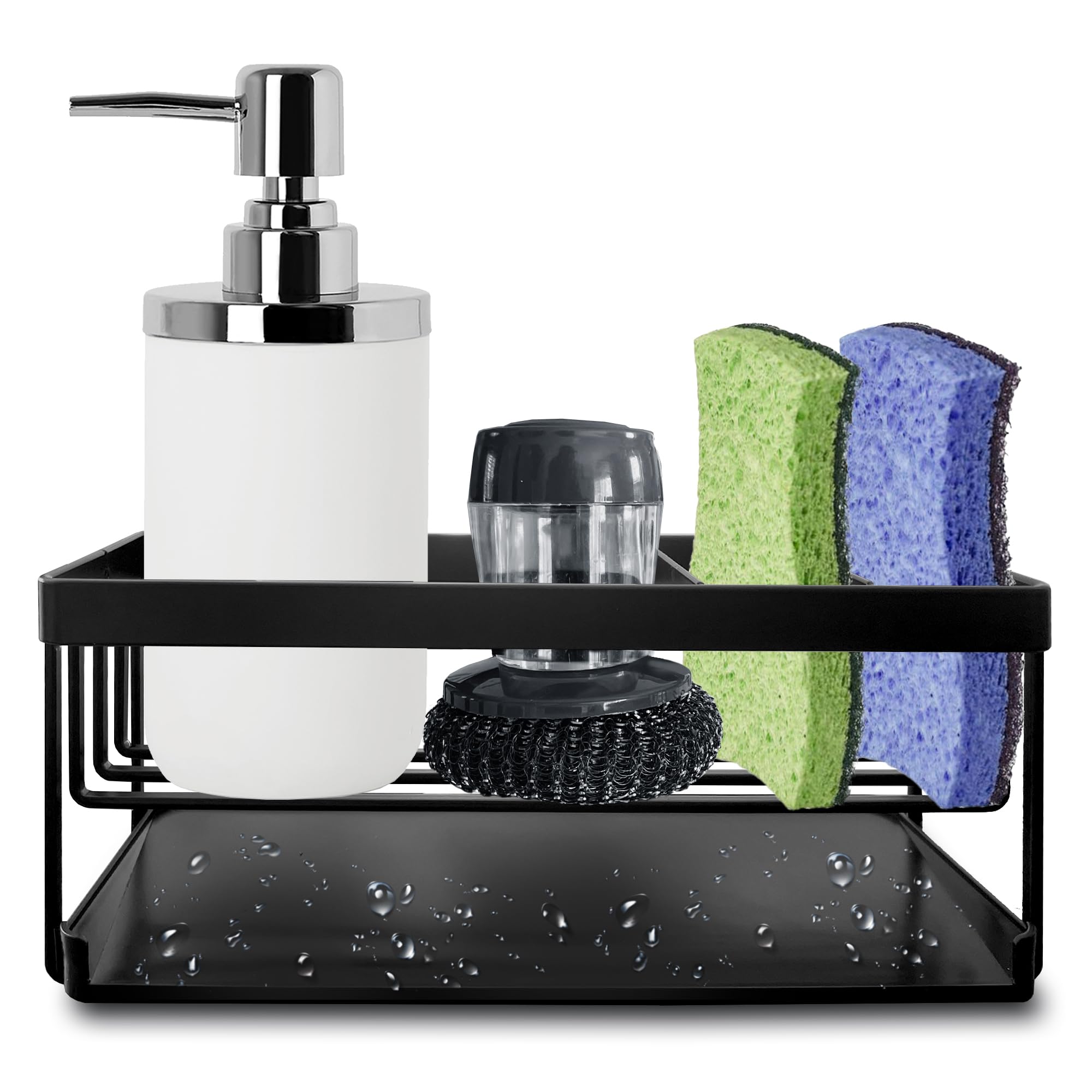 Sink Caddy Organizer with Steel Wool Brush Included, Sponge Organizer for Kitchen Sink, Dish Soap and Sponge Holder for Kitchen Sink, Kitchen Sponge Organizer with Auto Drain Train