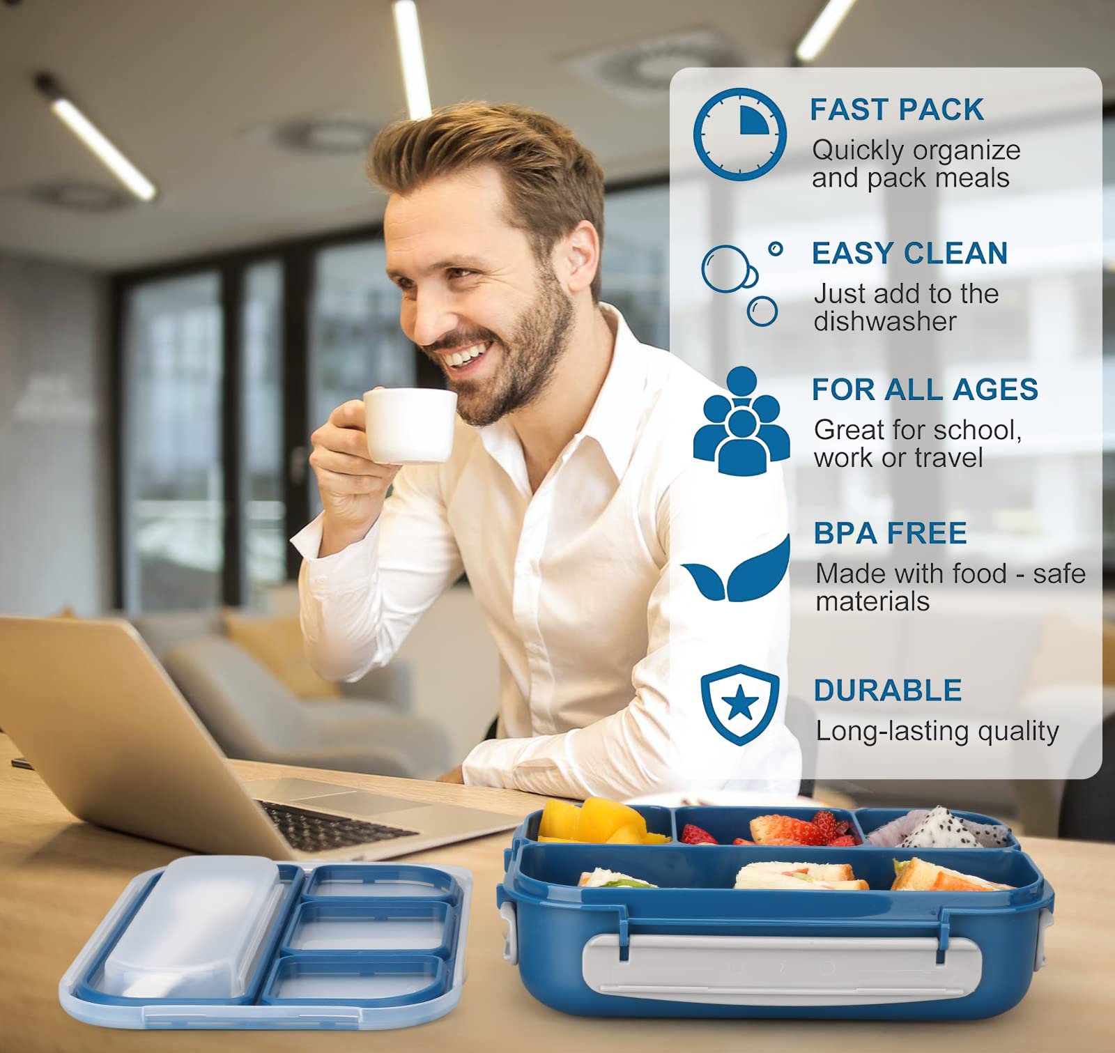 Ylebs Bento Box 1300ML Bento Lunch Boxes For Adults,4 Compartment Lunch Containers With Spoon & Fork,Microwave & Dishwasher & Freezer Safe,BPA Free (Blue)