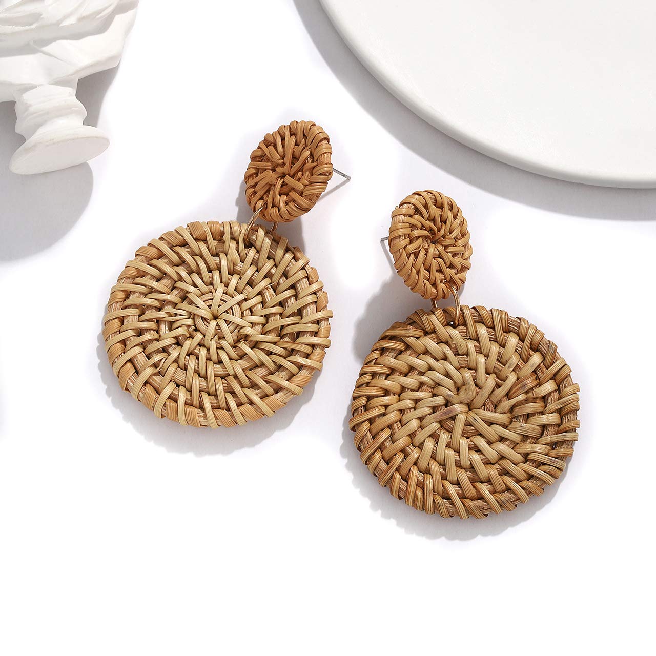 Rattan Earrings for Women Handmade Lightweight Wicker Straw Stud Earrings Statement Weaving Braid Drop Dangle Earring (Dark Rattan Disk)