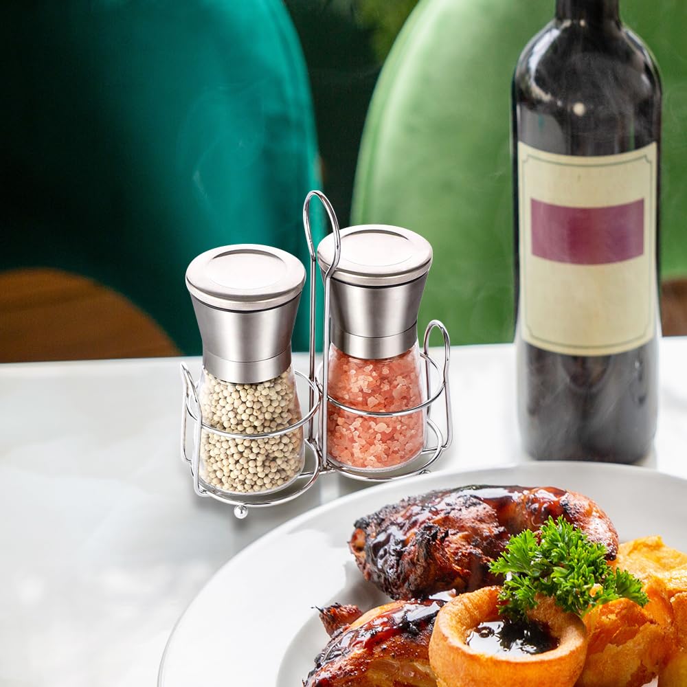 OIULO Salt and Pepper Grinder Set with Steel Base Tray, RefillablePepper Grinder Set - Brushed Stainless Steel - Short Glass Jar with Adjustable Coarseness for Grinding Pepper Grains, Salt or Spices