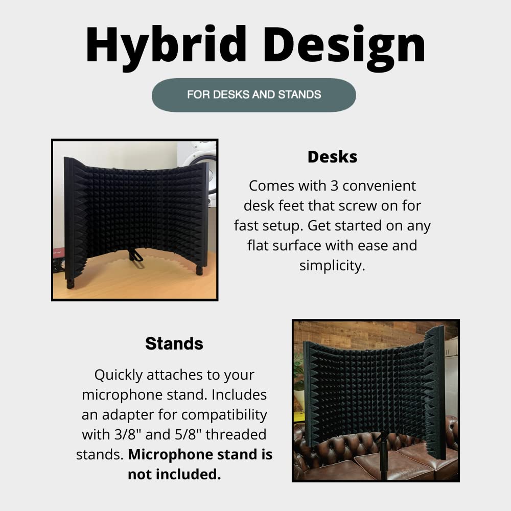 TRUE NORTH Microphone Isolation Shield w/Desk Feet and Stand Mount - Portable Vocal Booth Sound Booth Recording Equipment, Mic Shield Portable Recording Booth, Microphone Shield Portable Sound Booth